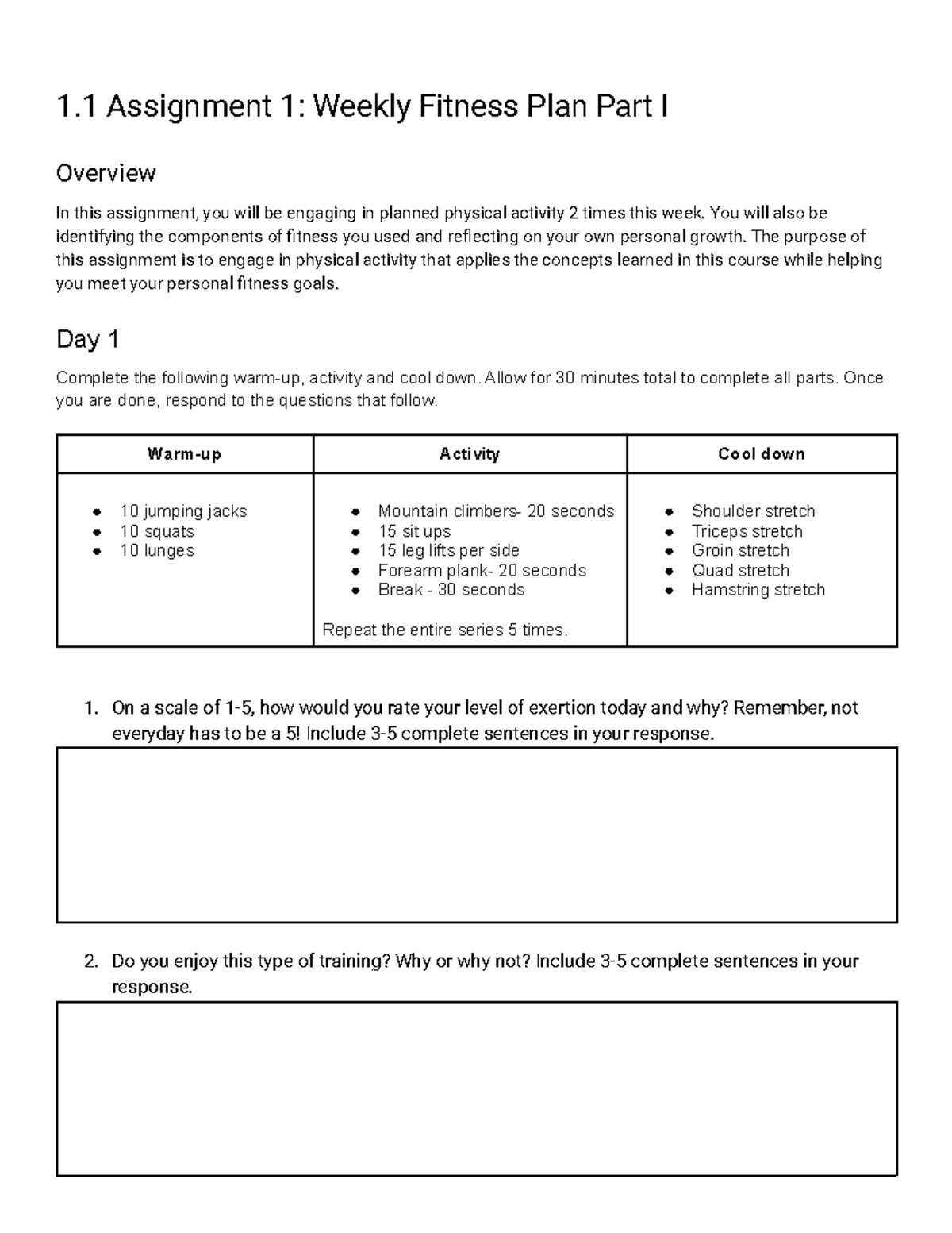 1.1 Assignment 1: Weekly Fitness Plan Part I Overview and Activities ...