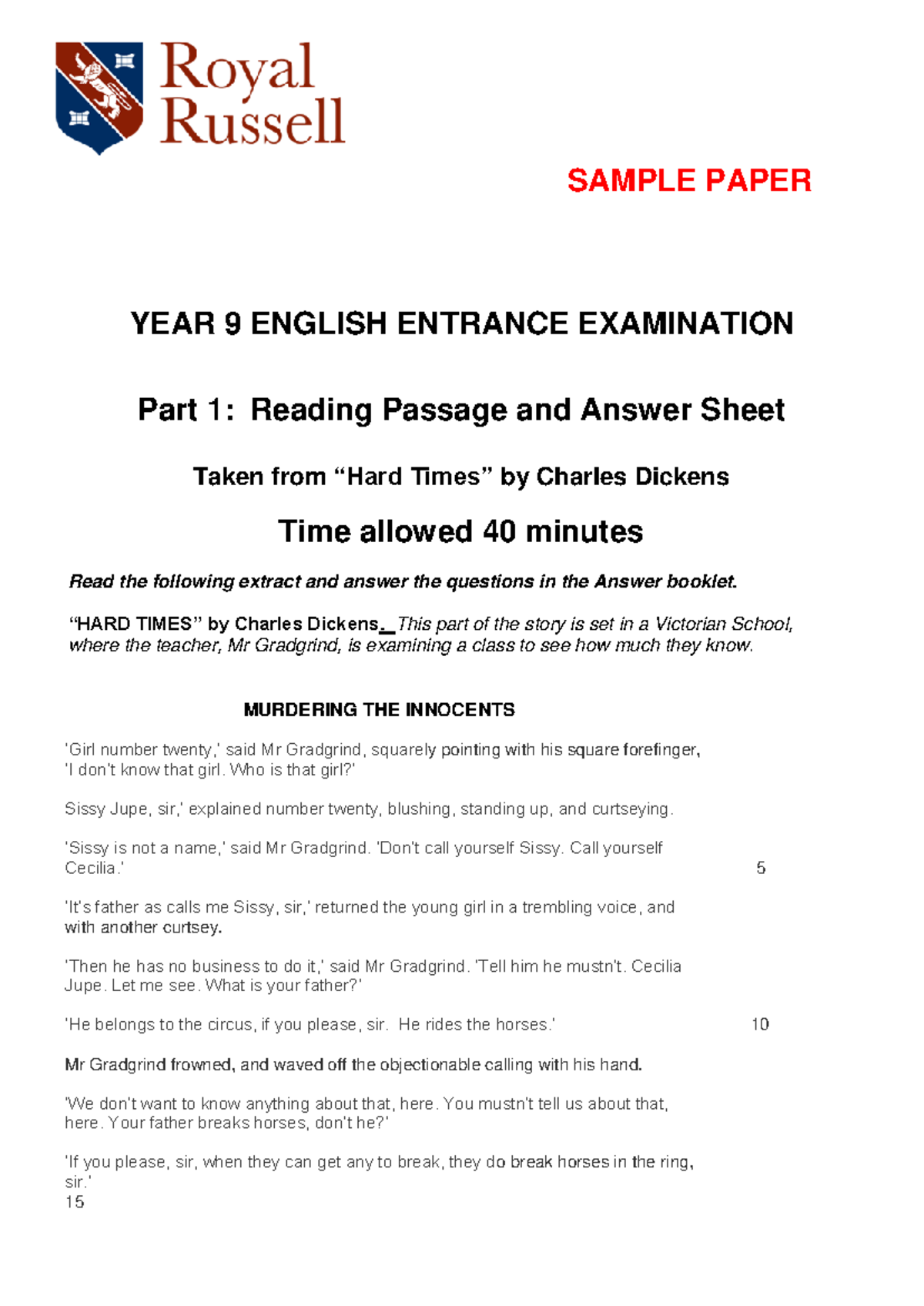 Year 9 English Entrance Exam - Part 1 Reading Comprehension (Gradgrind ...