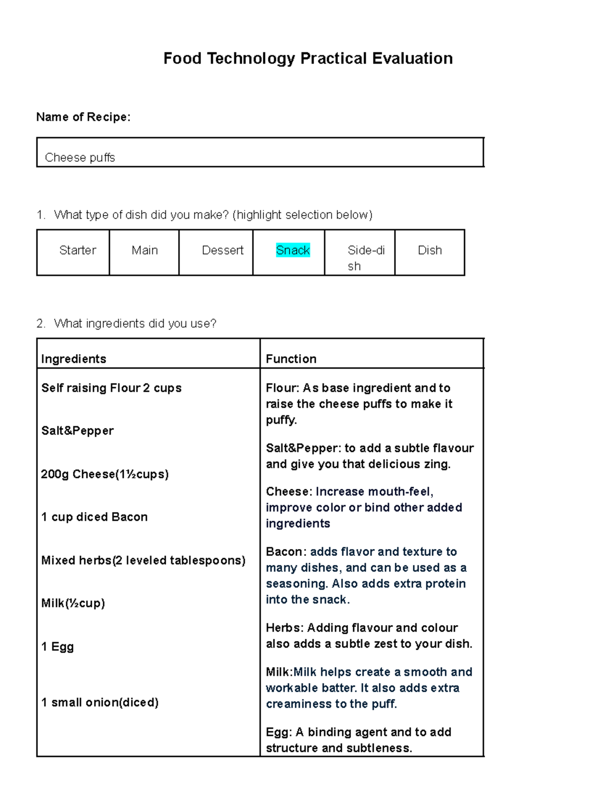 Food Tech Practical: Cheese Puffs Recipe Evaluation - Studocu