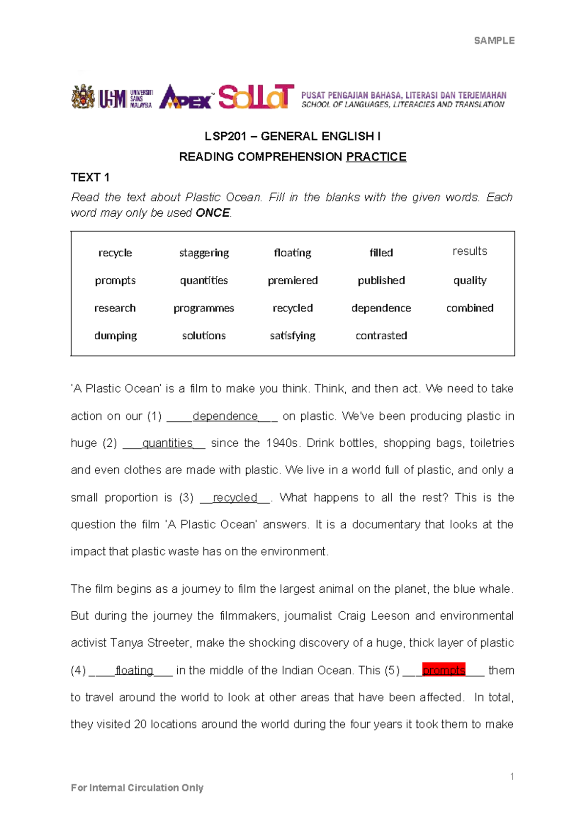 LSP201 General English I Reading Comprehension Practice SEM 2 Texts 1 ...