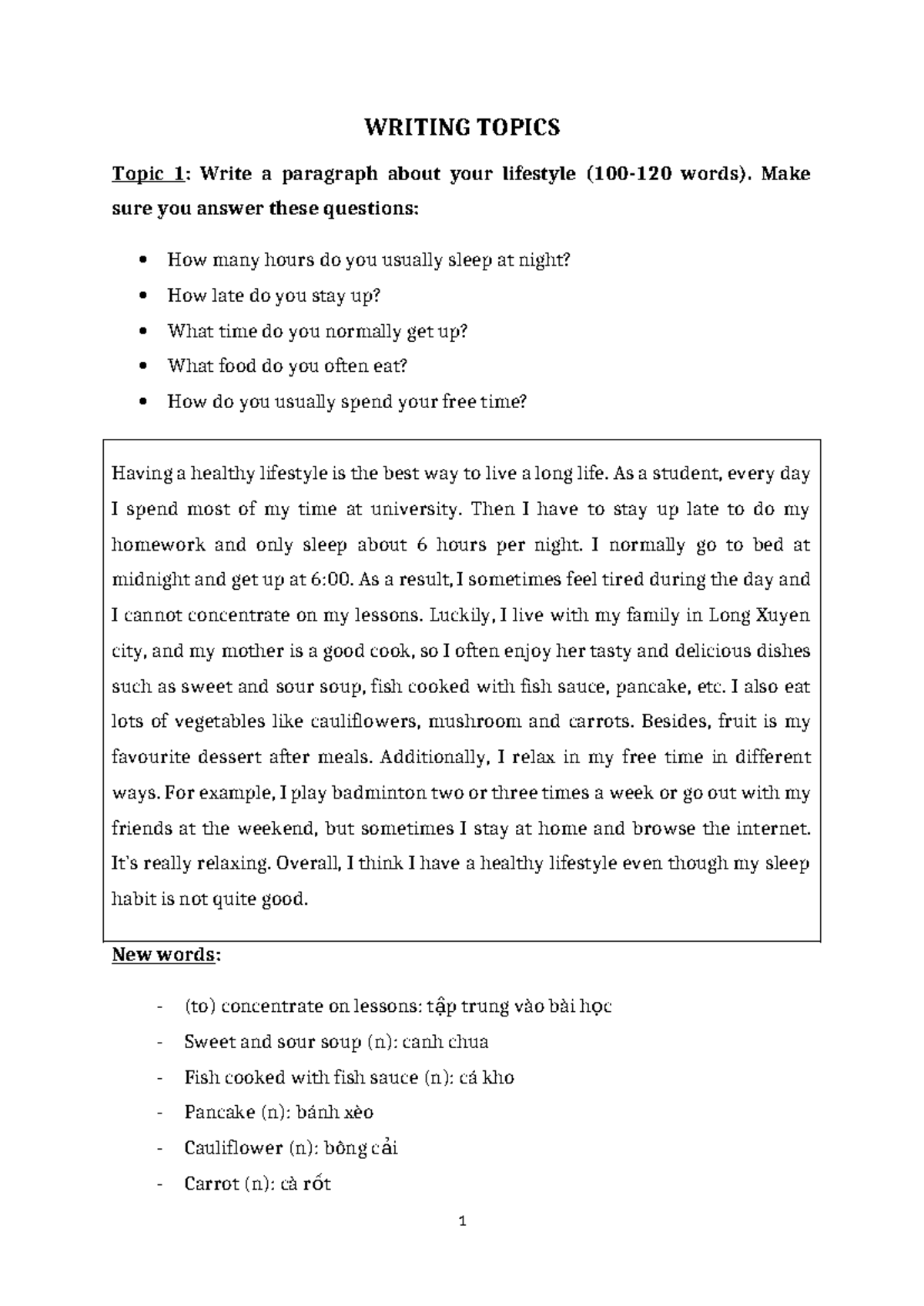 Writing Topics -E3 - WRITING TOPICS Topic 1: Write a paragraph about ...