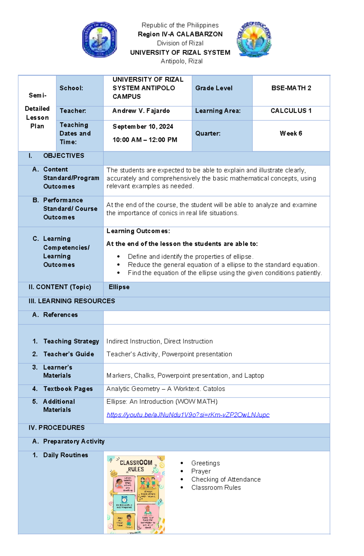 Ellipse Lesson Plan for BSE-MATH 2 Course (September 2024) - Studocu