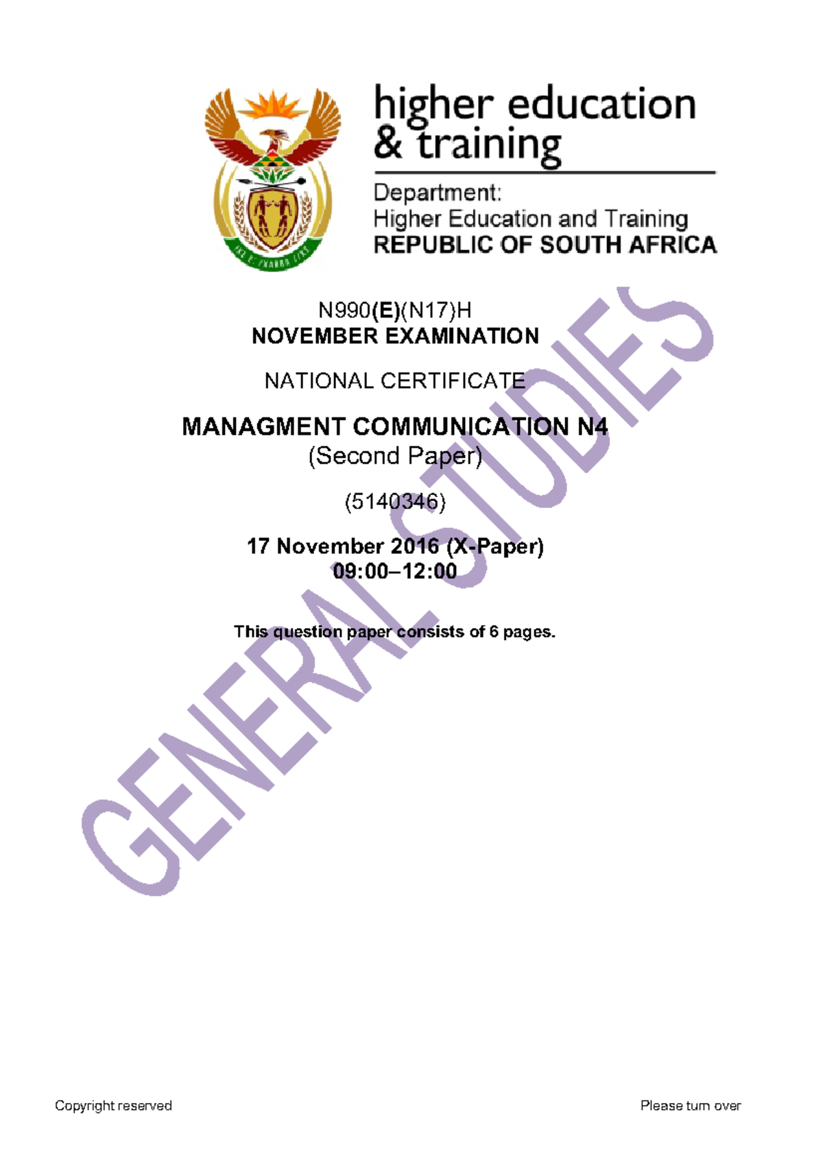 N4 Management Communication Paper 2 November 2016 - Studocu
