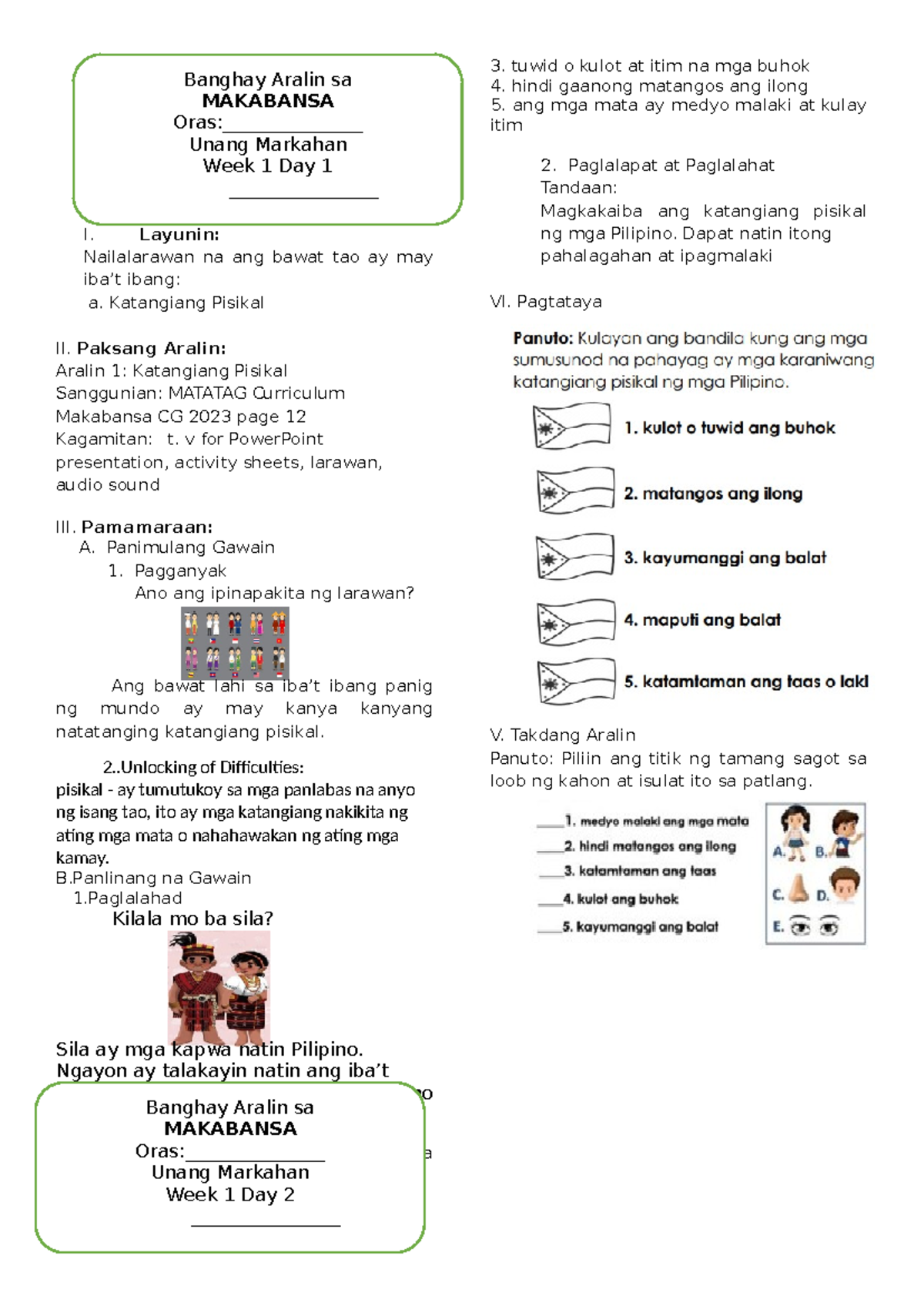 Makabansa-WEEK-1 - Lesson Plan on Katangiang Pisikal at Pangangailangan - Studocu