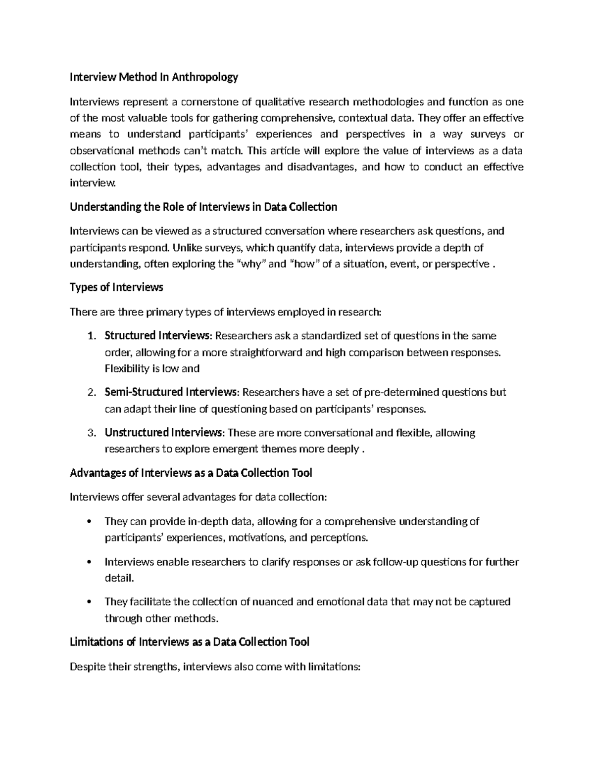 Interview Method in Anthropology: A Comprehensive Guide - Studocu