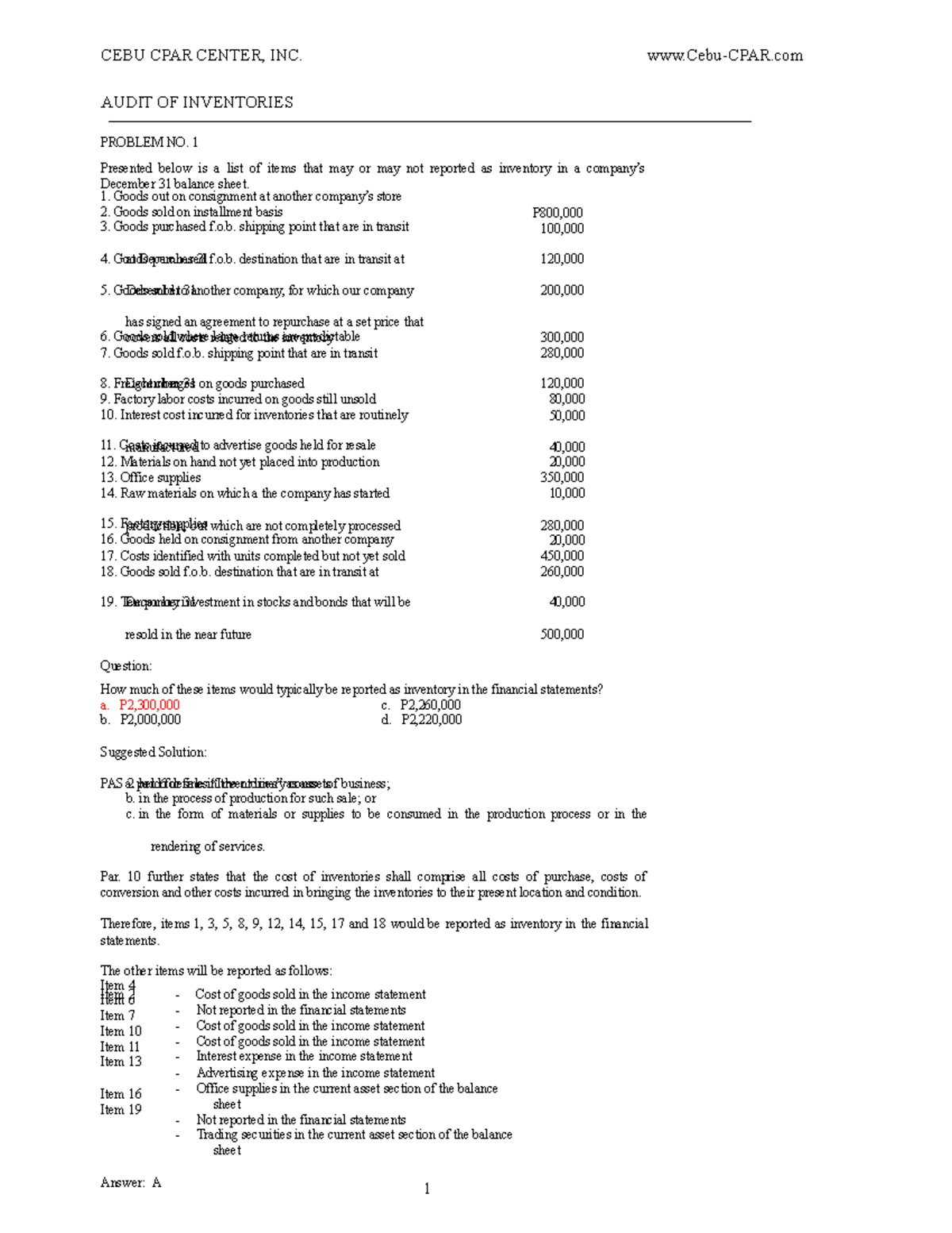 CEBU CPAR CENTER, INC. AUDIT OF INVENTORIES - PROBLEM NO. 1 - Studocu