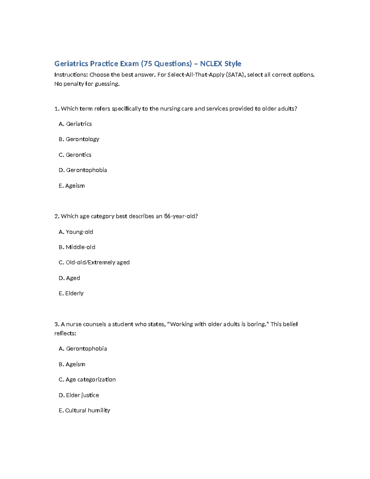 Geriatrics Practice Exam (75 Questions) - NCLEX Style Review - Studocu