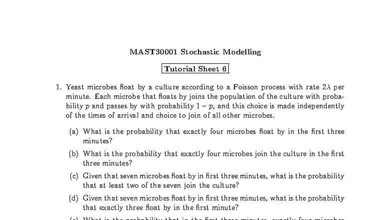 MAST30001 Stochastic Modelling Tutorial Sheet 6 Solutions - Studocu