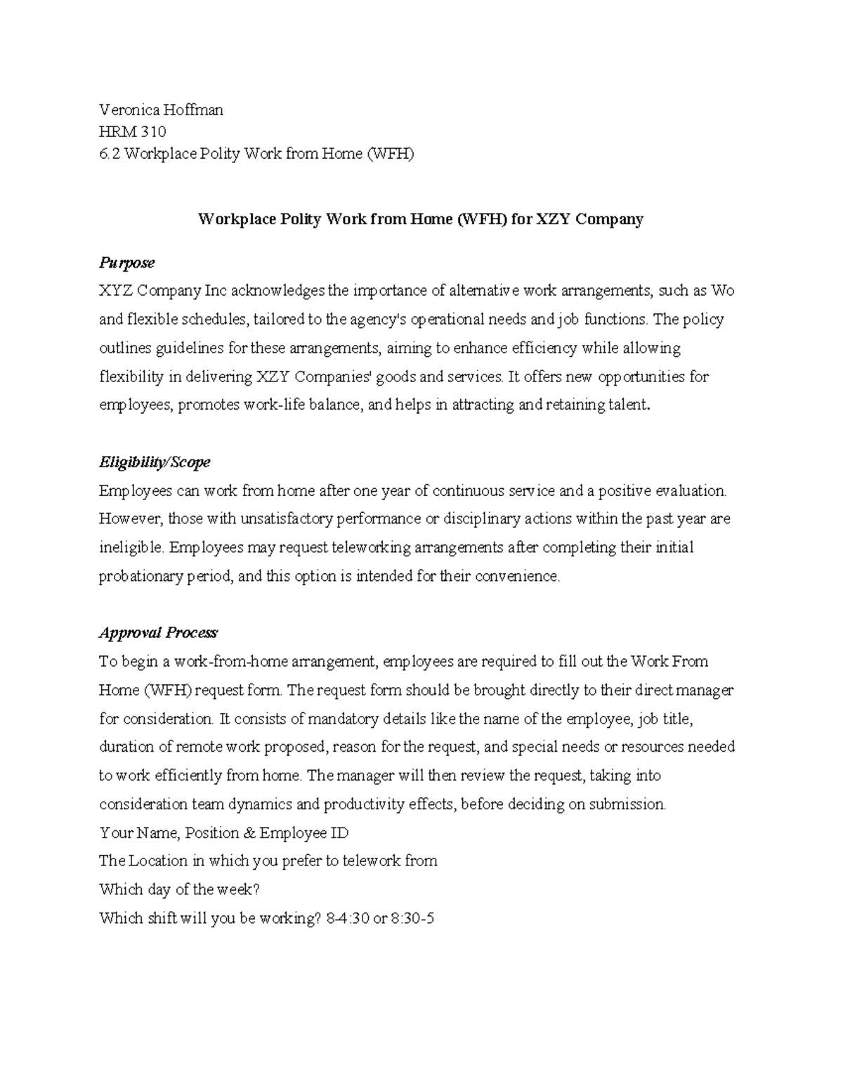 HRM 310: 6 Workplace Policy - Work from Home (WFH) Guidelines - Studocu