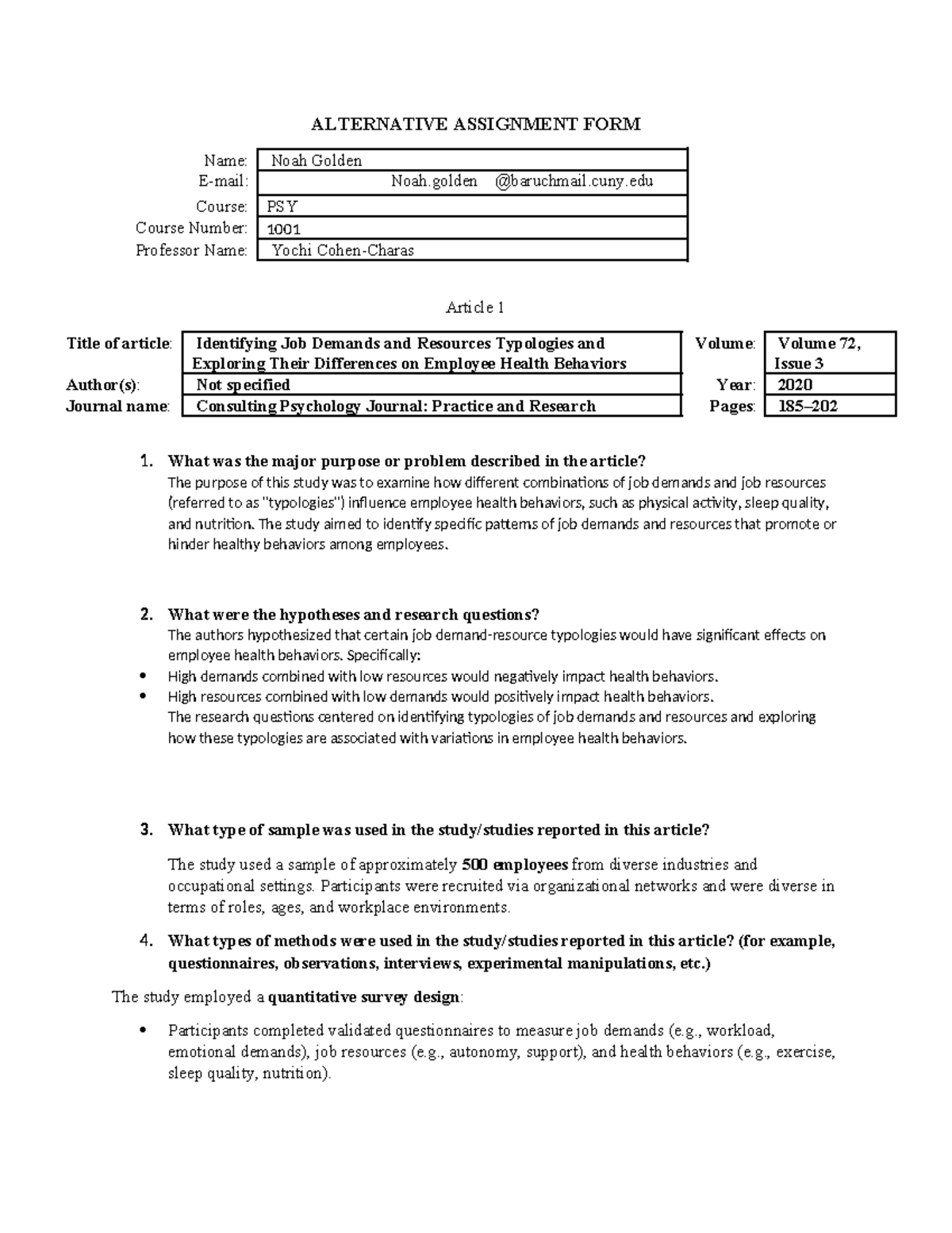 Noah Golden Alternative Assignment Form - ALTERNATIVE ASSIGNMENT FORM ...