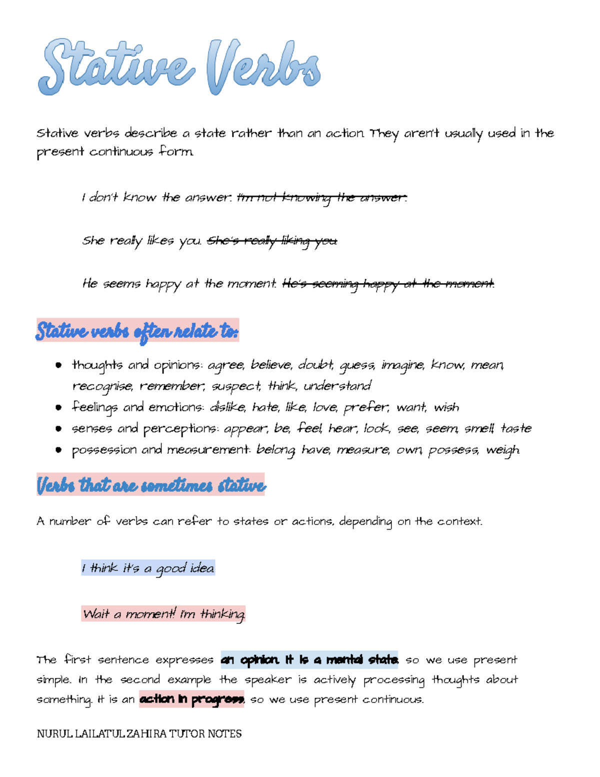 Stative Verbs Explained: NLZ Tutor Notes on Usage and Context - Studocu