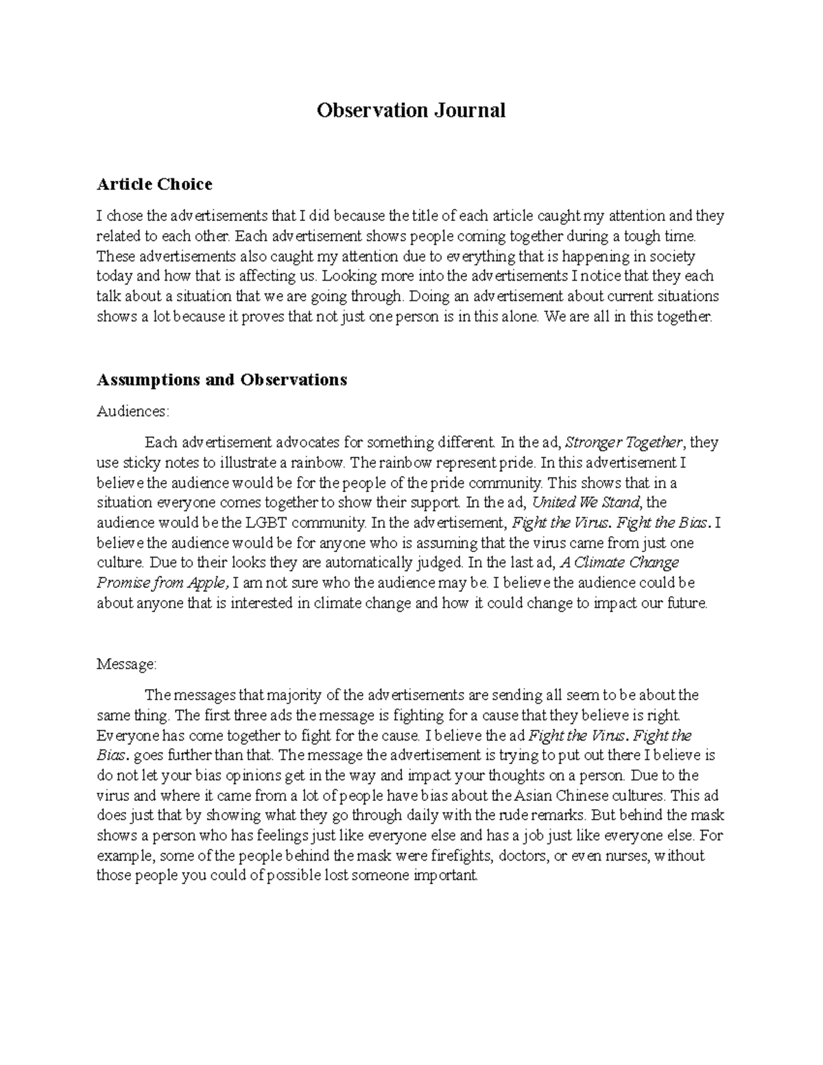 Observation journal - Observation Journal Article Choice I chose the ...