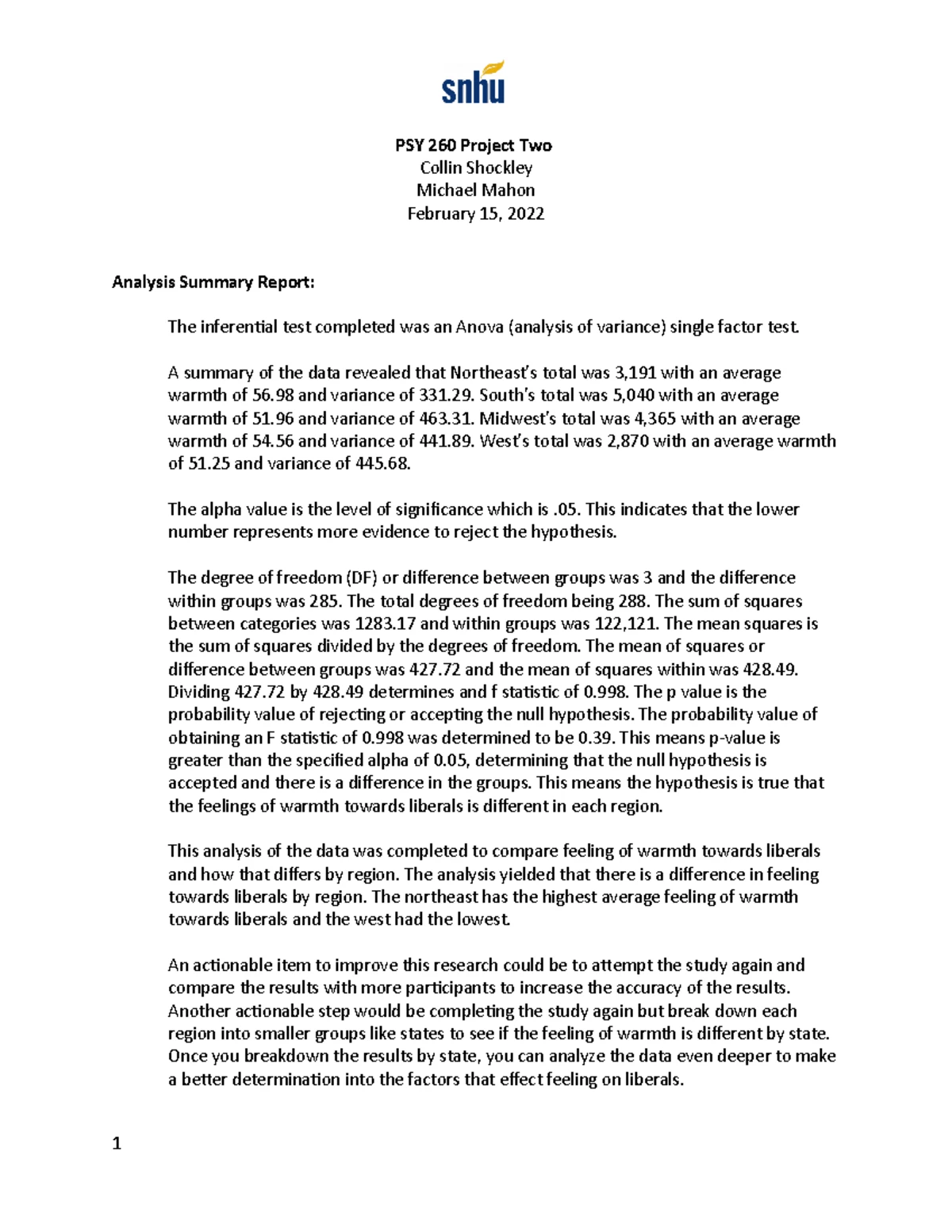 PSY-260 4-3 Project One - PSY 260 Project One Lindsay Waldron Professor ...