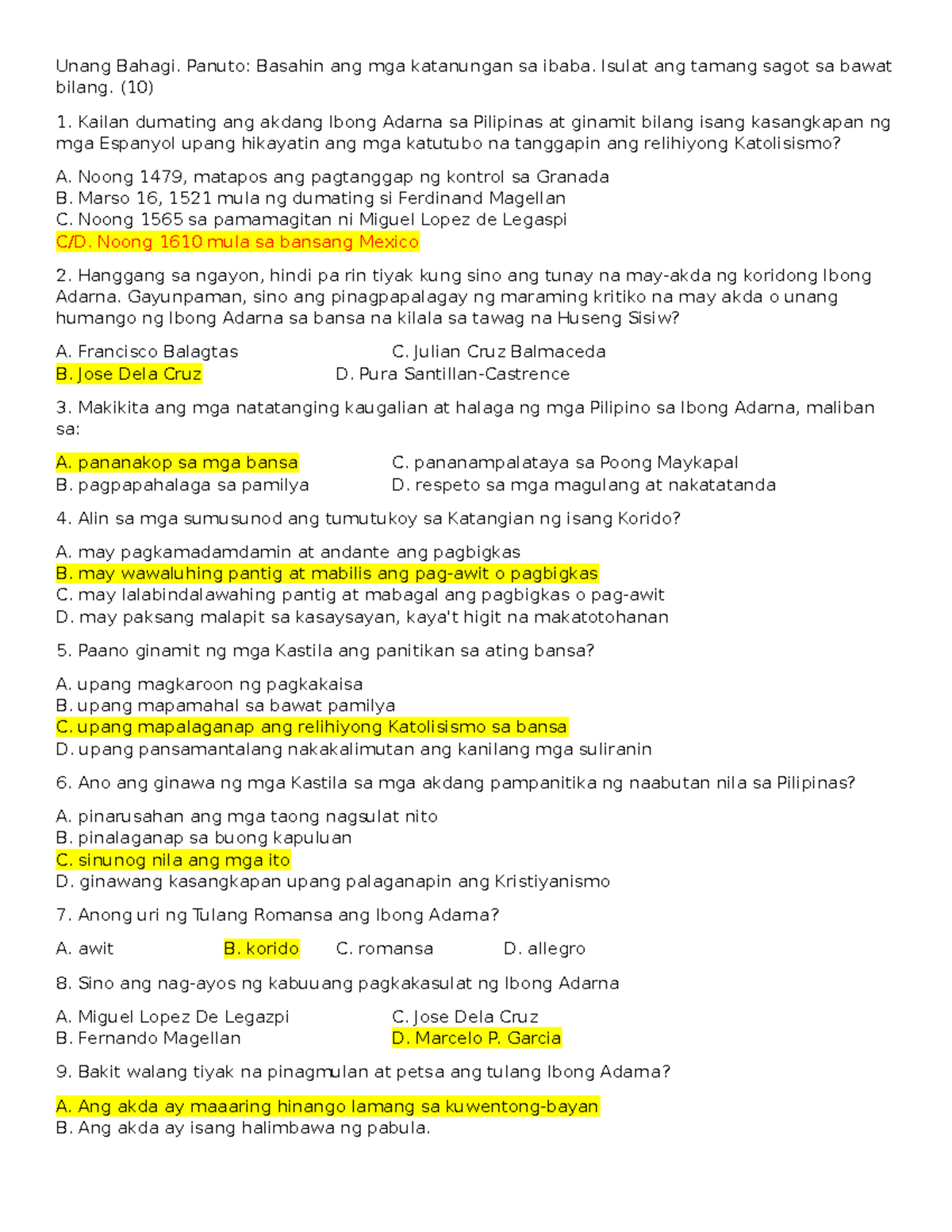 Pagsusulit sa Kasaysayan ng Ibong Adarna - Unang Bahagi - Studocu