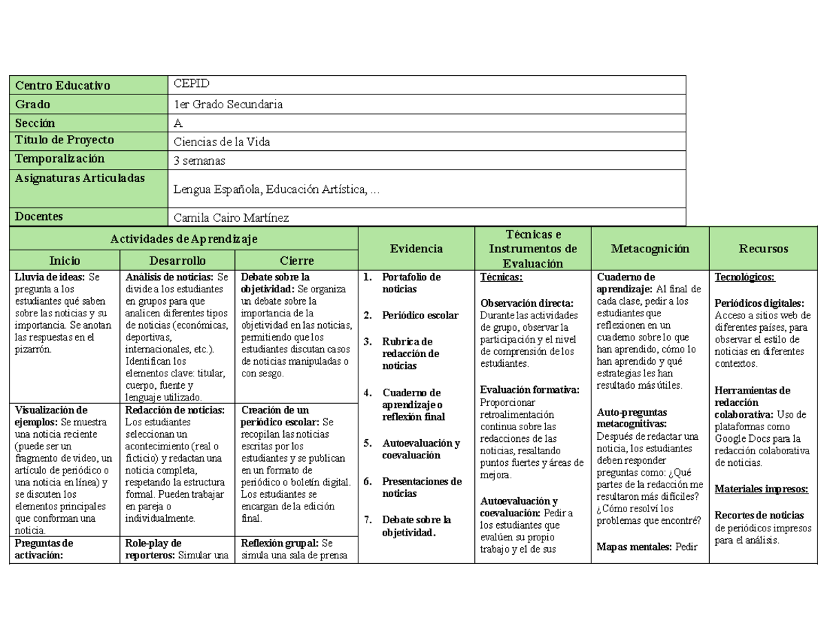 Planificación Semanal de Ciencias de la Vida - 1er Grado Secundaria ...