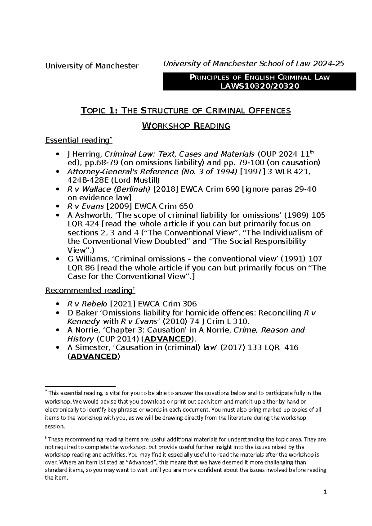 Criminal Law 202425 Workshop 1 The Structure of Criminal Offences ...