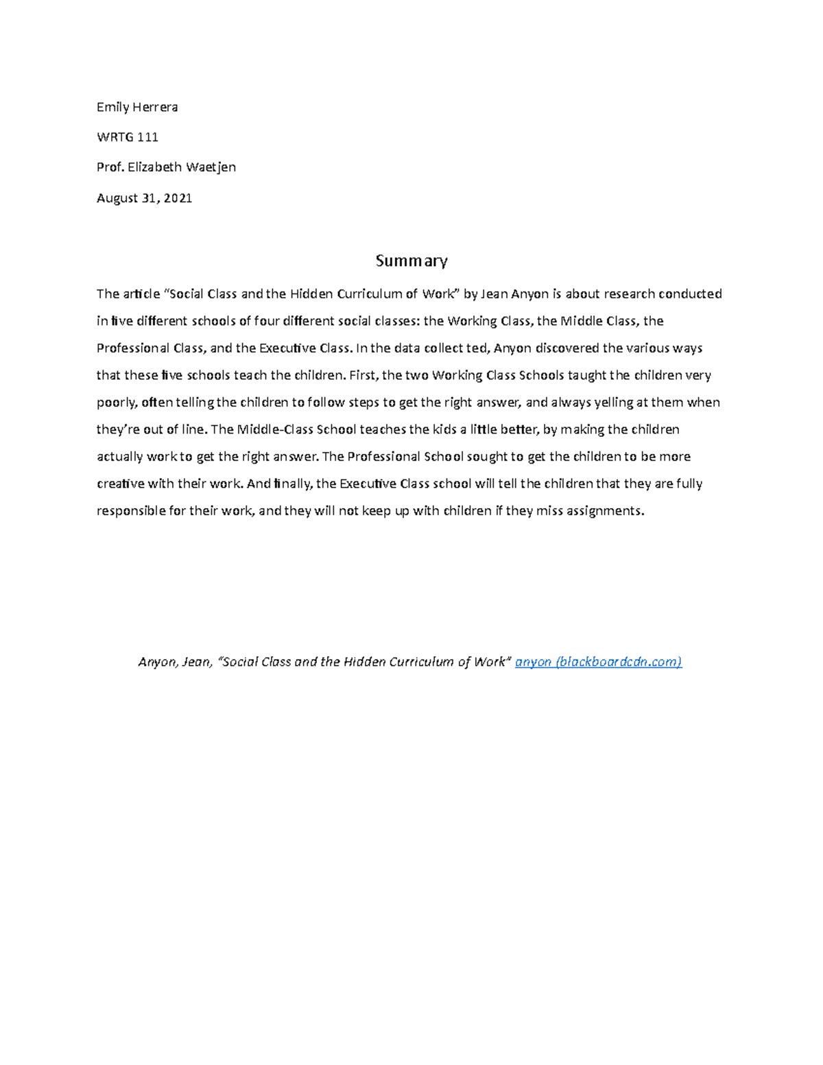 WRTG Summary: Social Class & Hidden Curriculum by Jean Anyon - Studocu