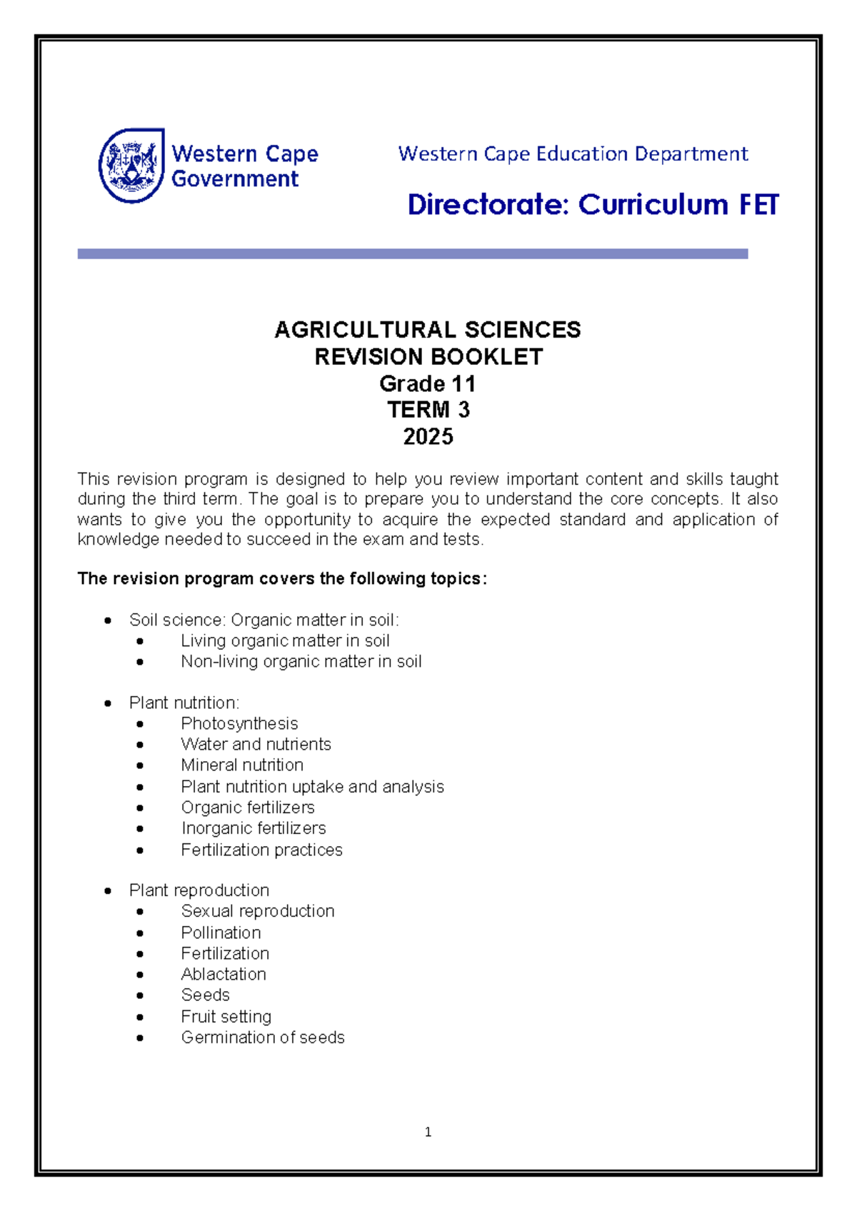 Gr 11 Agricultural Sciences Term 3 2025 Revision Guide - Studocu