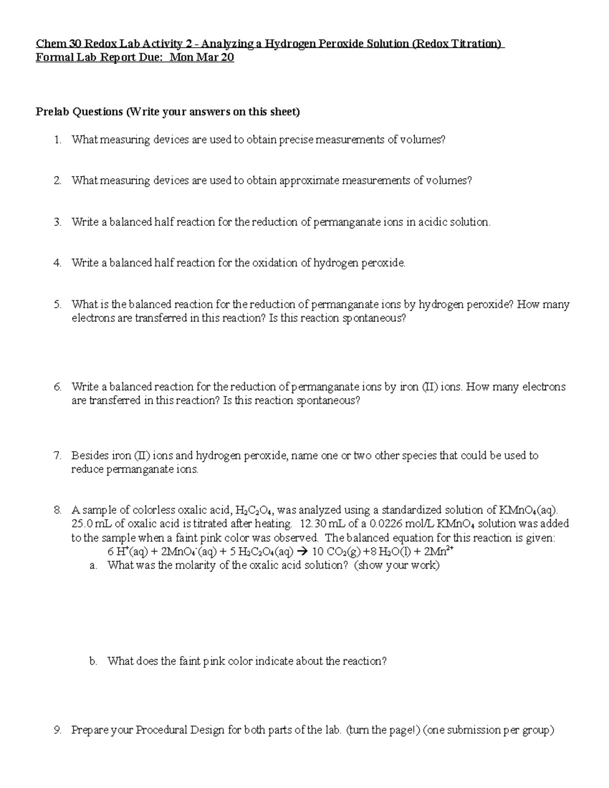 Chem 30 Redox Lab 2 Redox Titration of H2O2 Formal LAB Student Handout ...