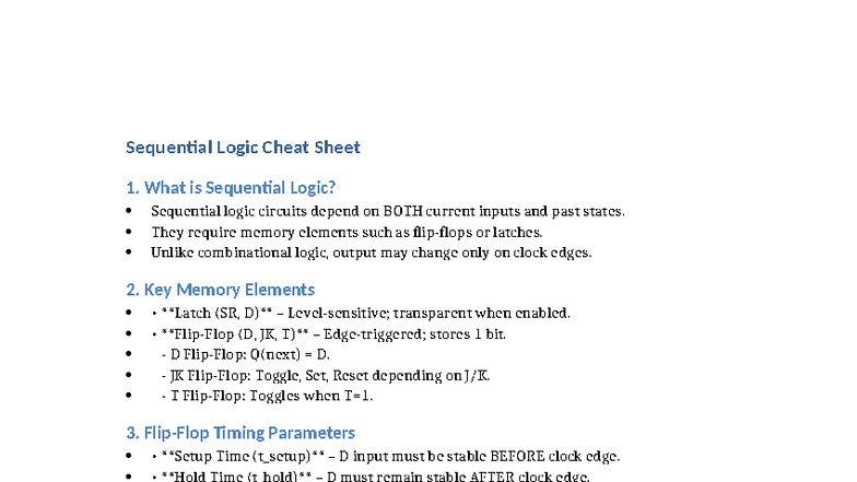 Sequential Logic Cheat Sheet: Key Concepts & Elements - Studocu