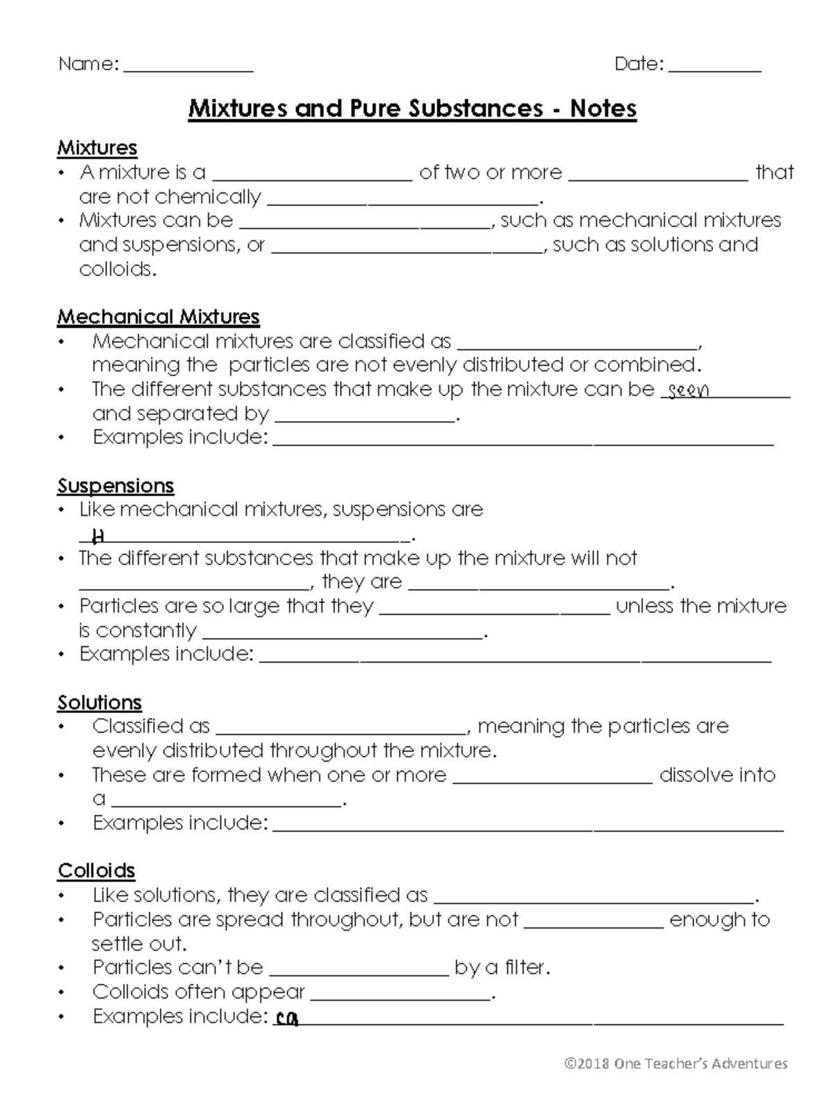 Mixtures and Pure Substances Worksheet - Science Notes - Studocu