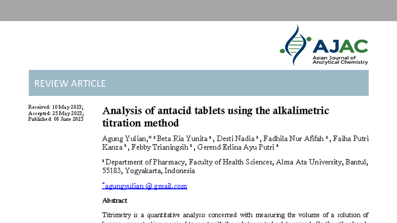 Analysis of Antacid Tablets via Alkalimetric Titration Method (PHR 2023 ...