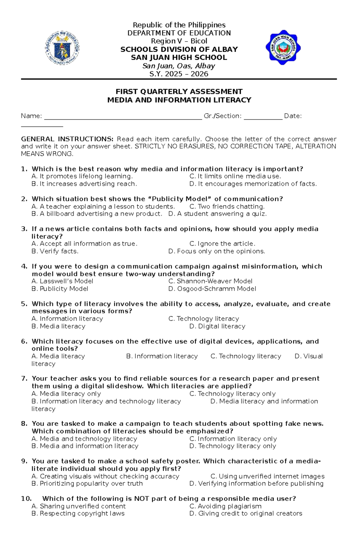 First Quarterly Assessment in Media and Information Literacy (MIL ...