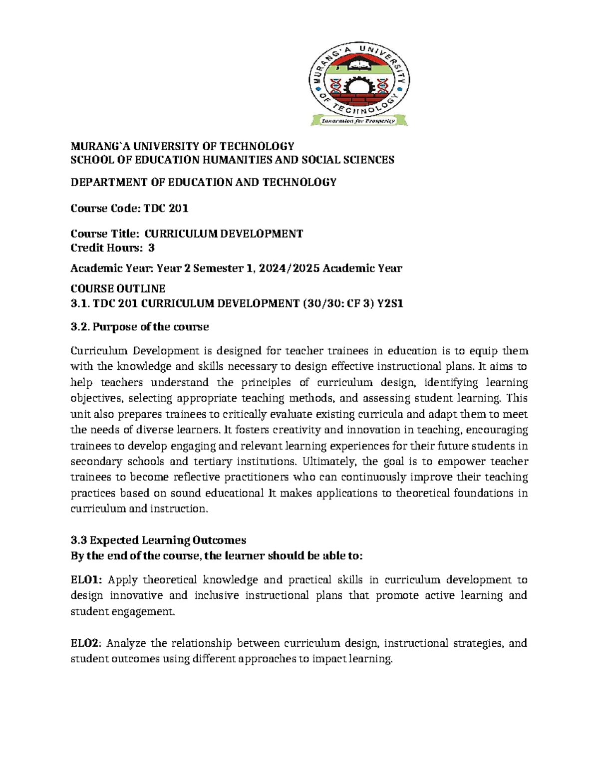 TDC 201Curriculum Development course outline - MURANG`A UNIVERSITY OF ...