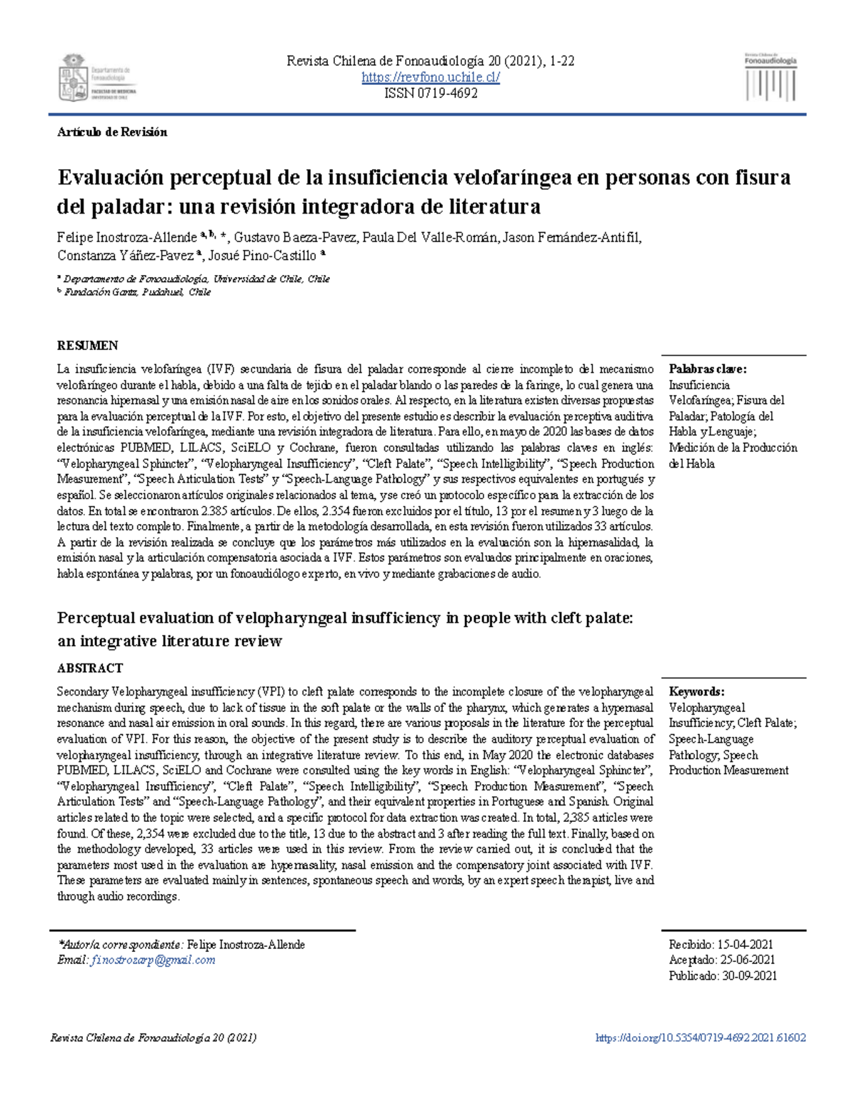 Evaluación Perceptual de la Insuficiencia Velofaríngea en Fisura ...