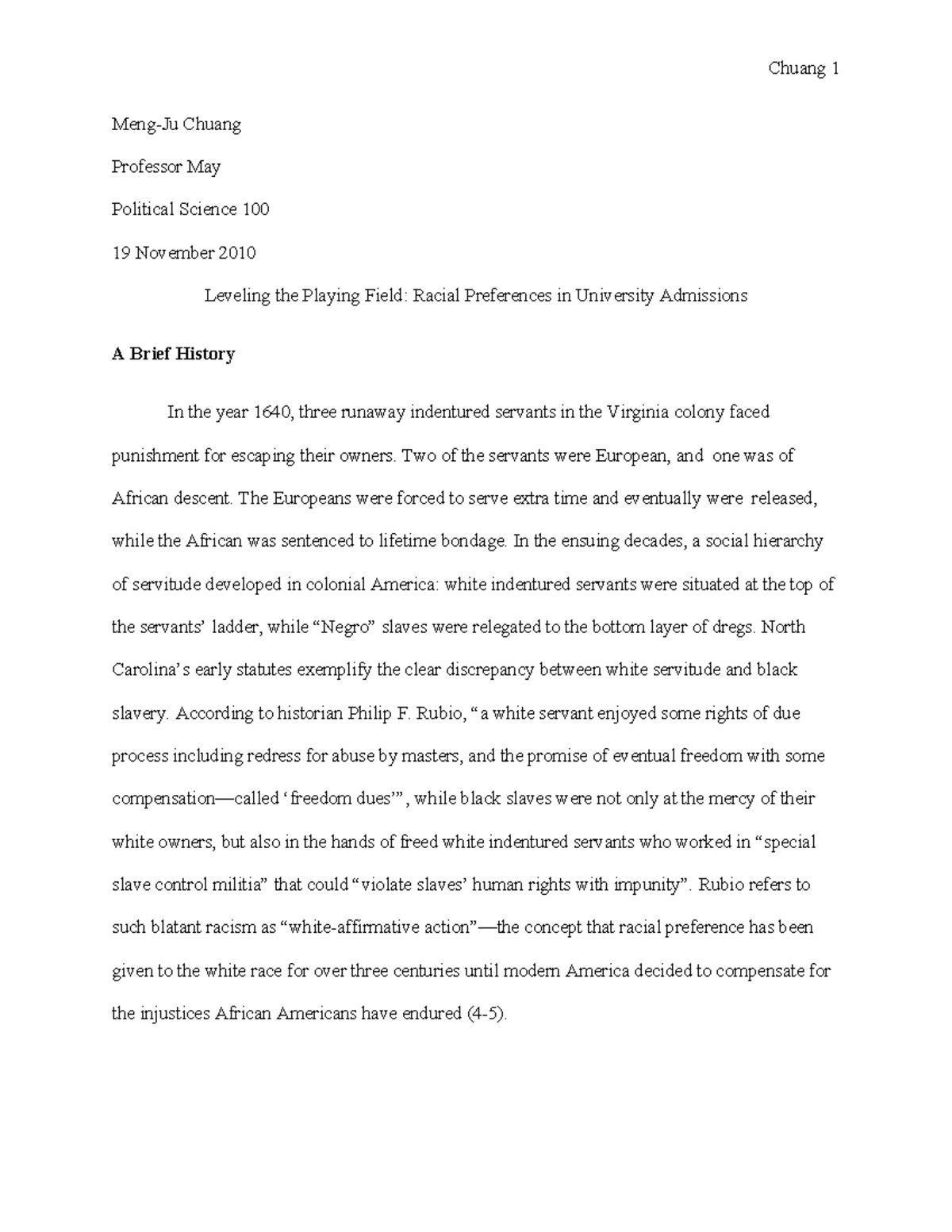 Affirmative Action Paper Final Edited - Meng-Ju Chuang Professor May ...
