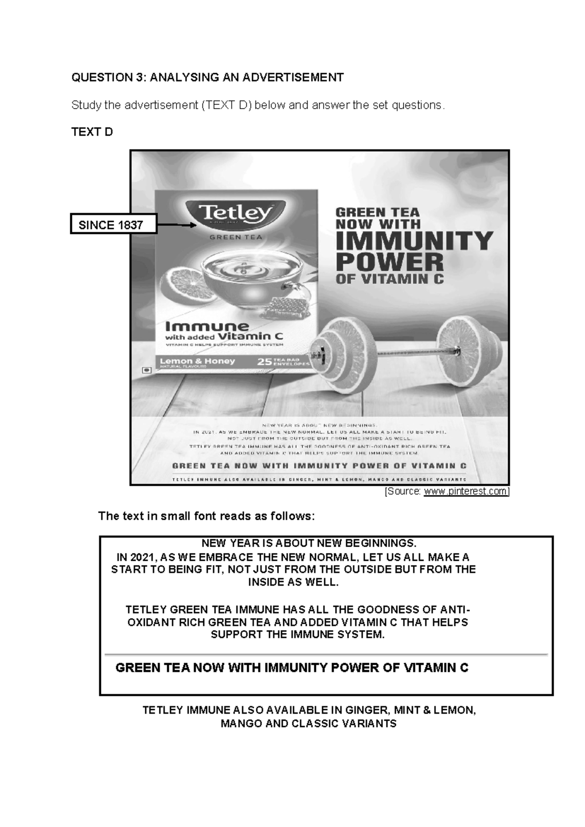 C1 Advert Classwork: Analyzing Tetley Green Tea Ad - Studocu