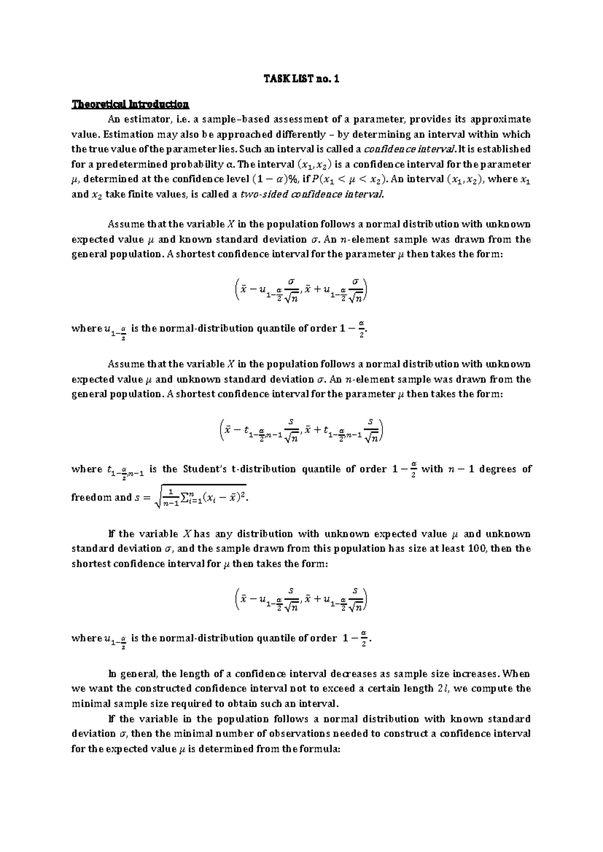 TASK LIST 1: Theoretical Introduction to Confidence Intervals - Studocu