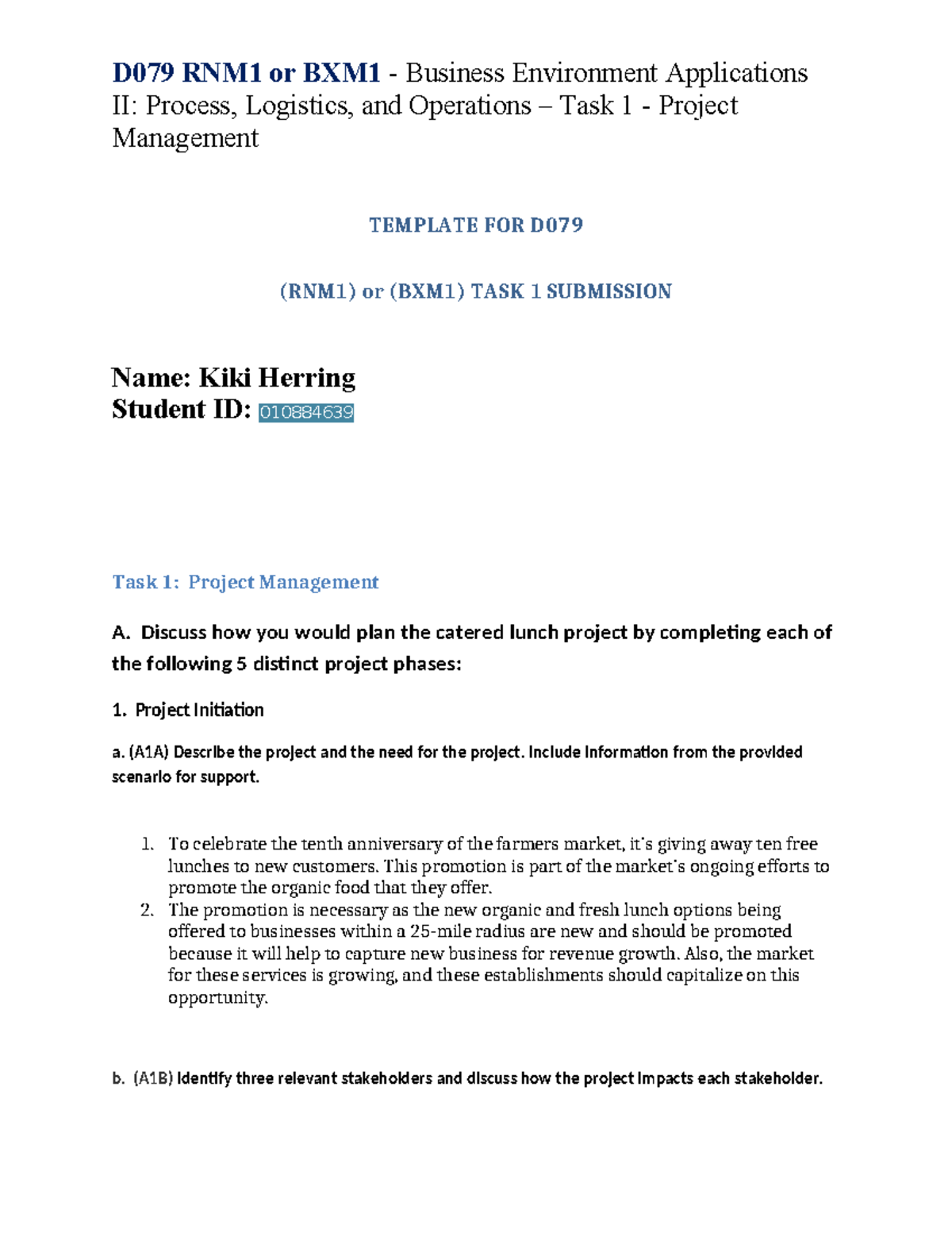 D079 RNM1/BXM1 Task 1: Project Management for Catered Lunch Initiative ...