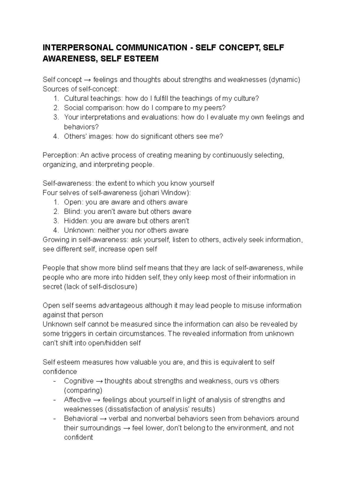 Interpersonal Communication - Self Concept, Awareness & Esteem Insights ...