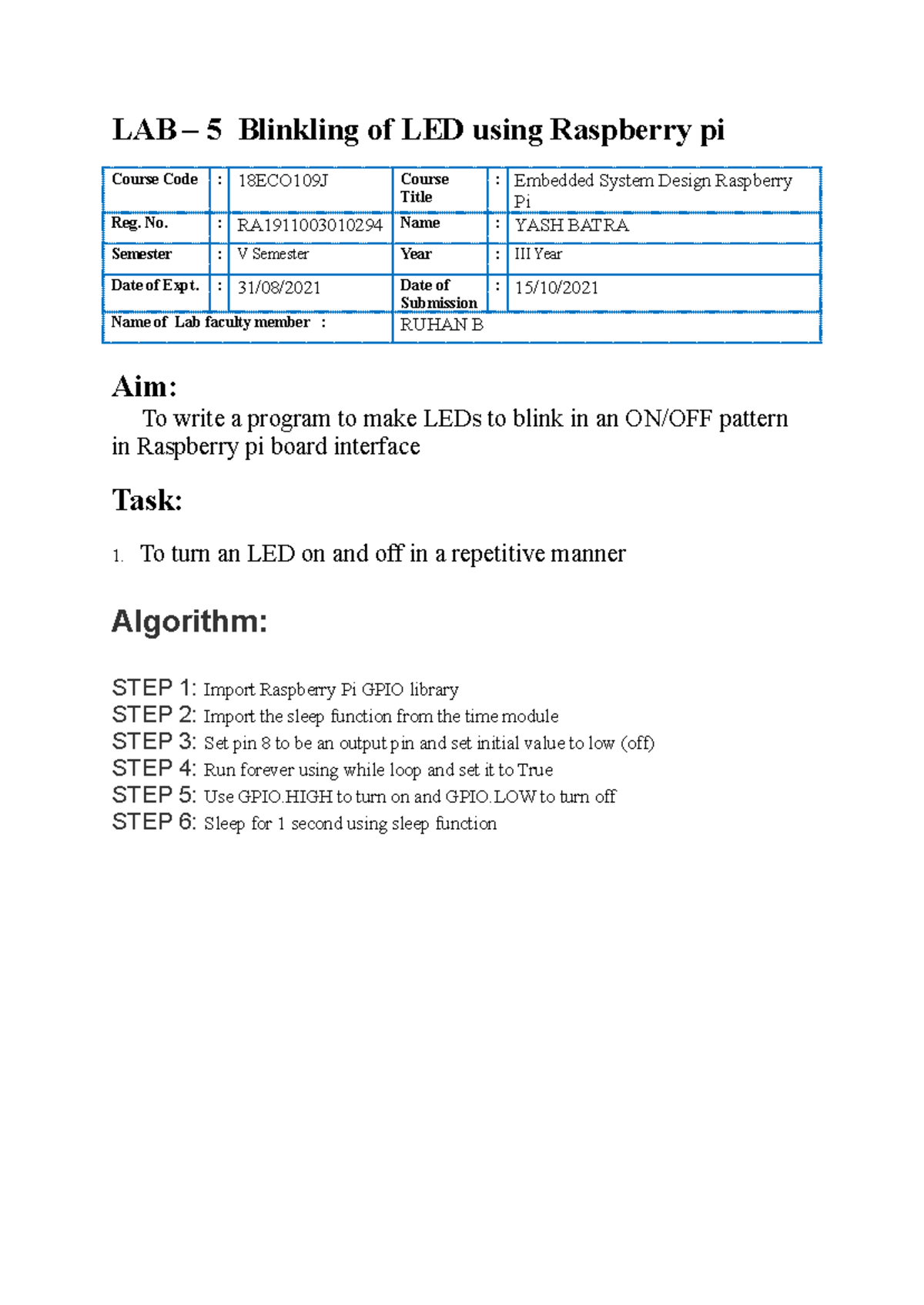 LAB 5 - LED Blinking with Raspberry Pi (Course Code: 18ECO109J) - Studocu