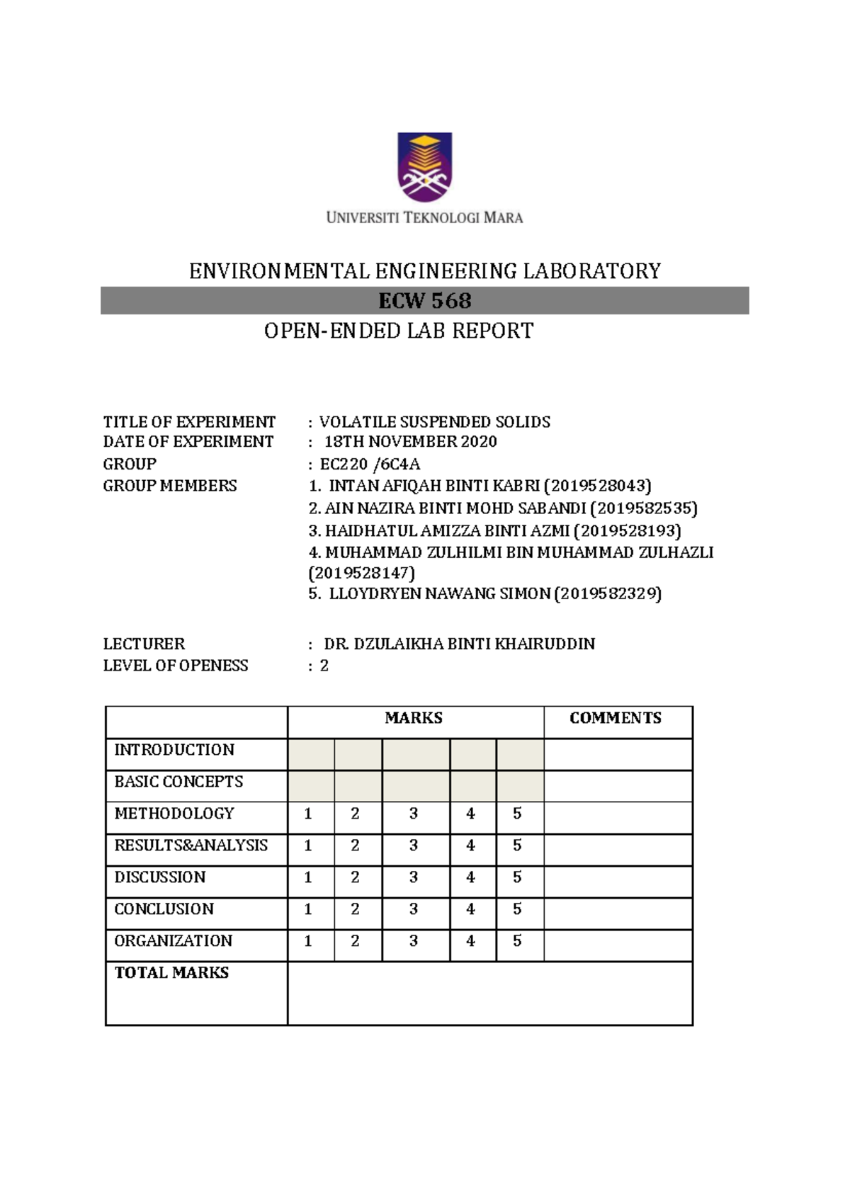 Volatile Suspended Solid Lab Report - ENVIRONMENTAL ENGINEERING ...