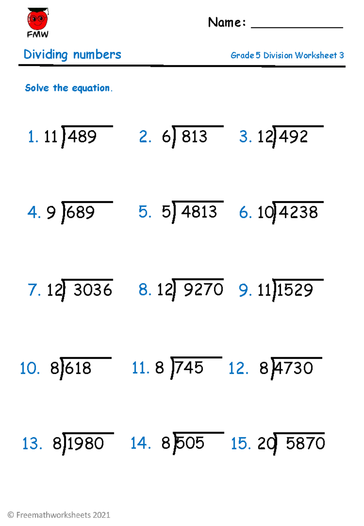 Grade 5 Division Worksheet 3: Dividing Numbers Practice - Studocu