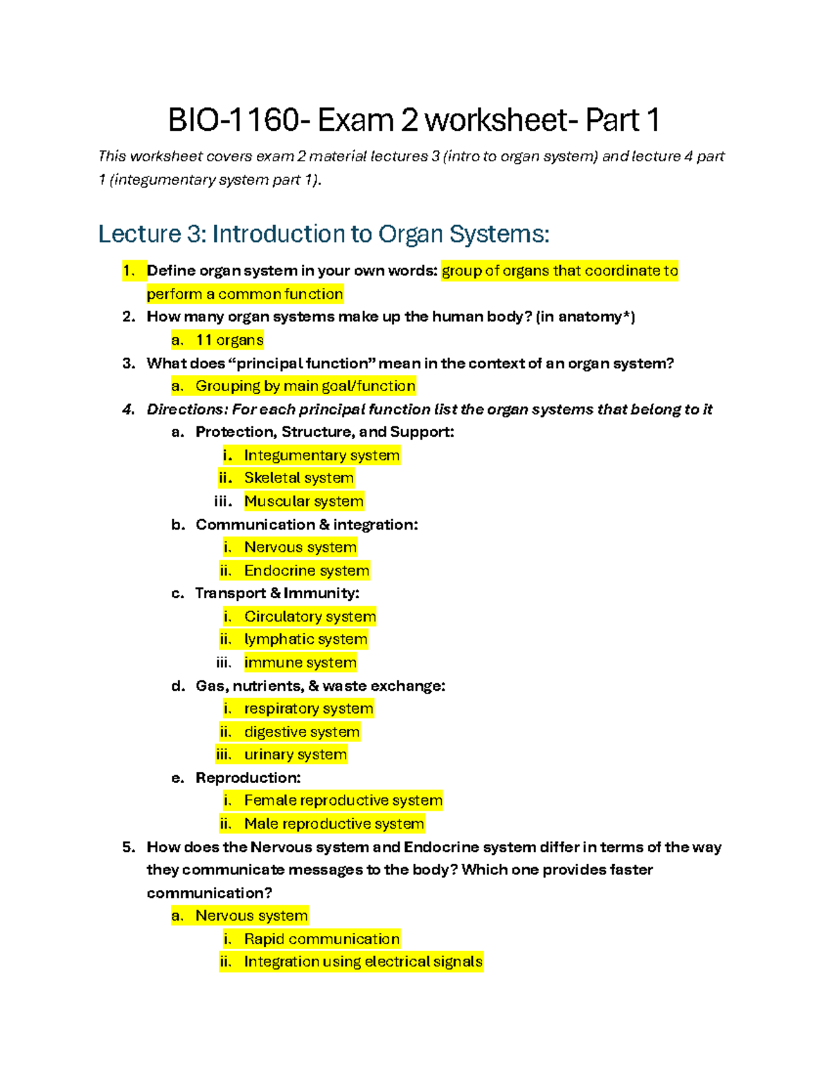 Exam 2 Worksheet: Organ & Integumentary Systems Overview - Studocu