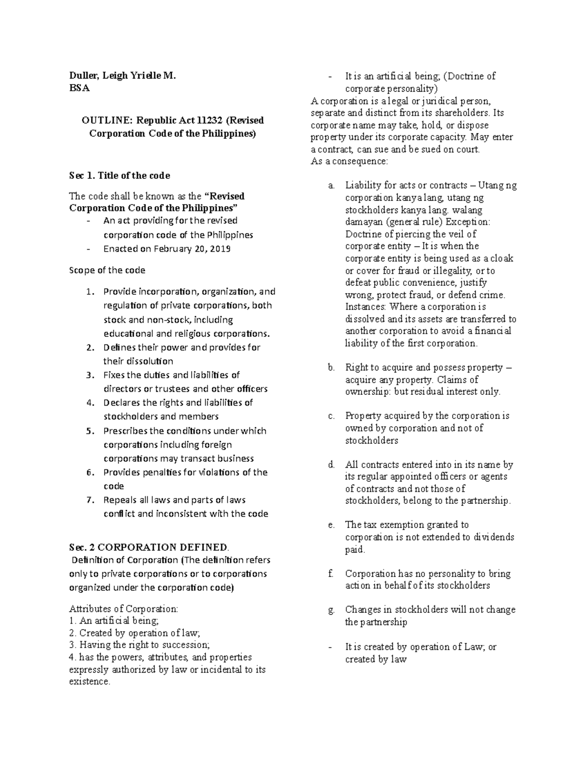 Summary Outline: Revised Corporation Code (Republic Act 11232) - Studocu