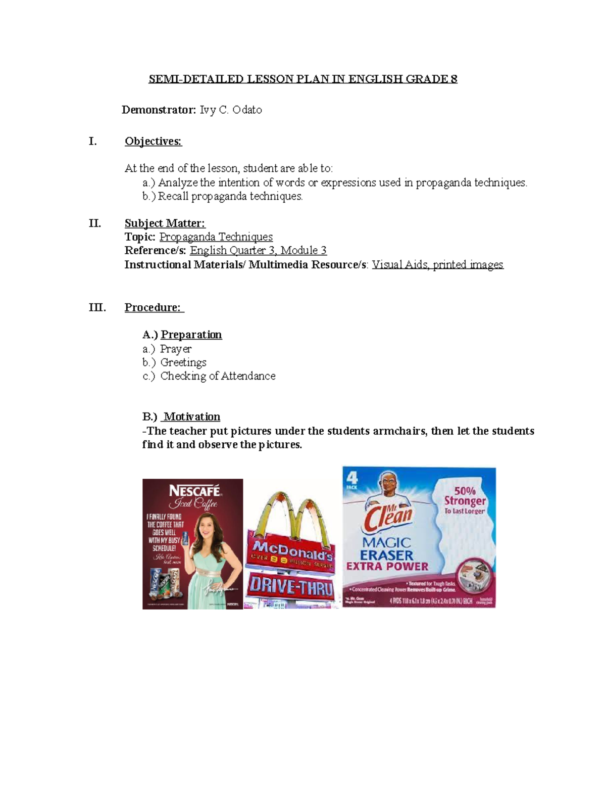 LP English 8 Lesson Plan: Understanding Propaganda Techniques - Studocu