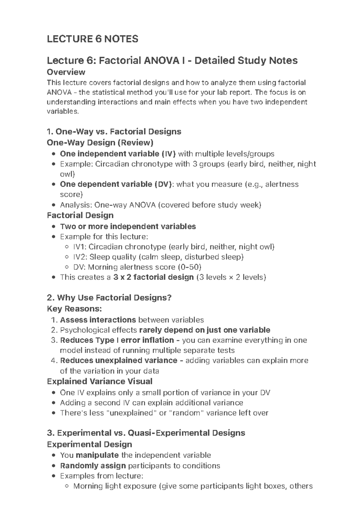 LECTURE 6 NOTES: Understanding Factorial ANOVA I and Interactions - Studocu