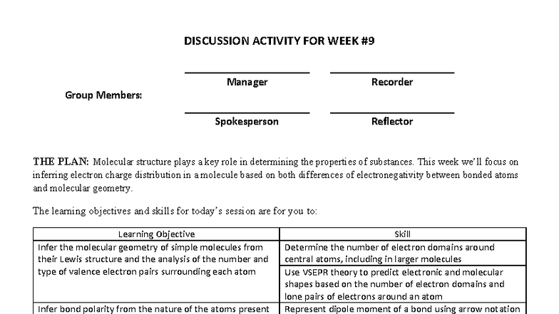 Discussion Worksheet Week 9: Molecular Geometry & Greenhouse Gases ...