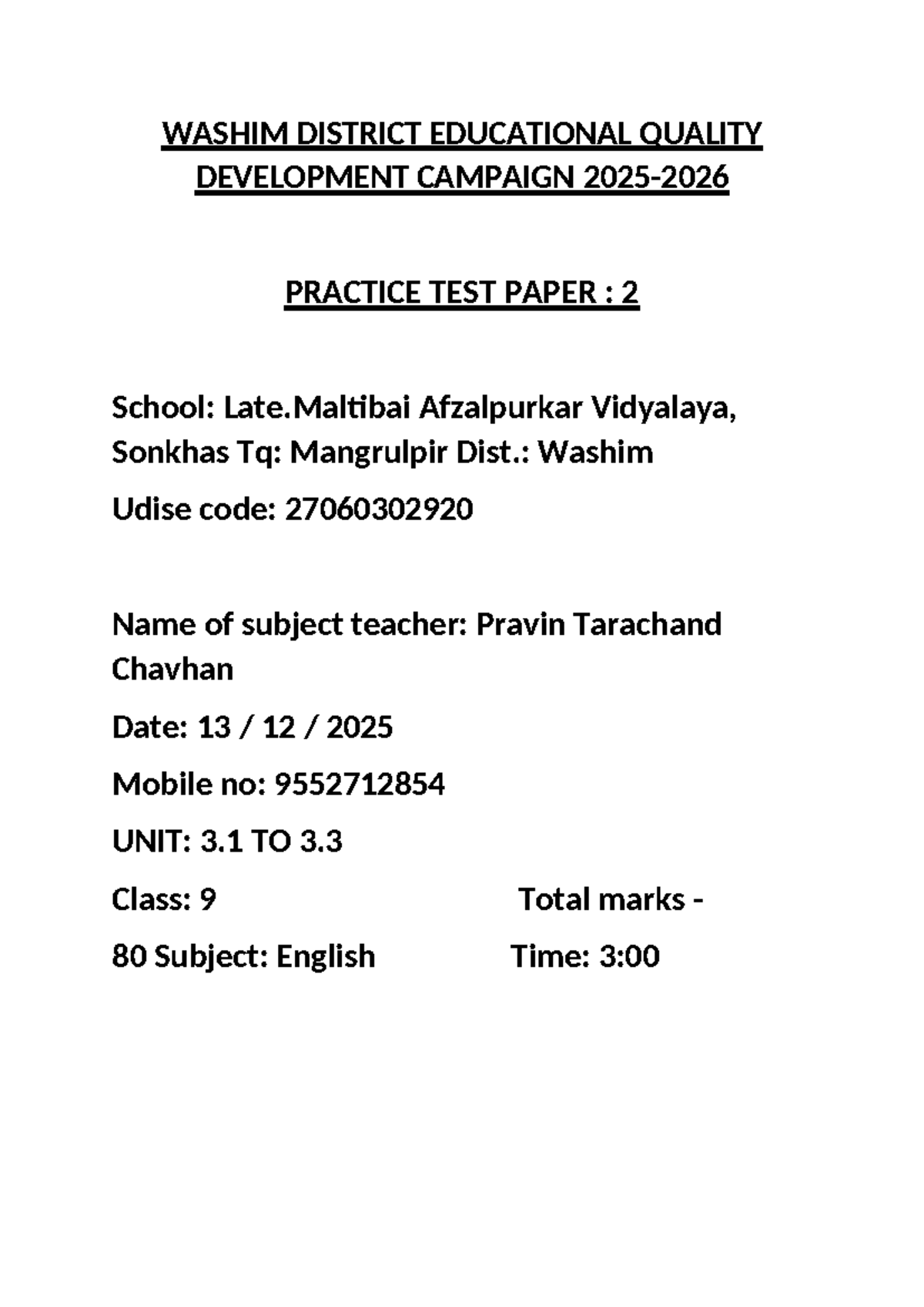 WASHIM DISTRICT ENGLISH PRACTICE TEST PAPER: CLASS 9 UNIT 3.1 TO 3.3 ...