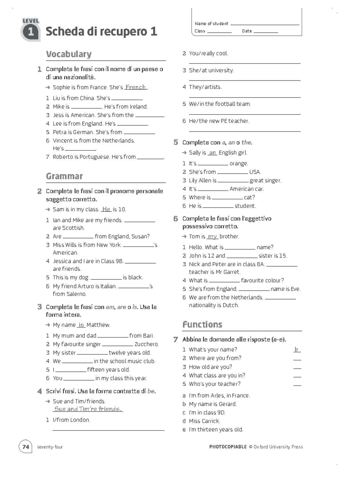 Scheda di recupero 1: Vocabulary & Grammar Exercises - Studocu