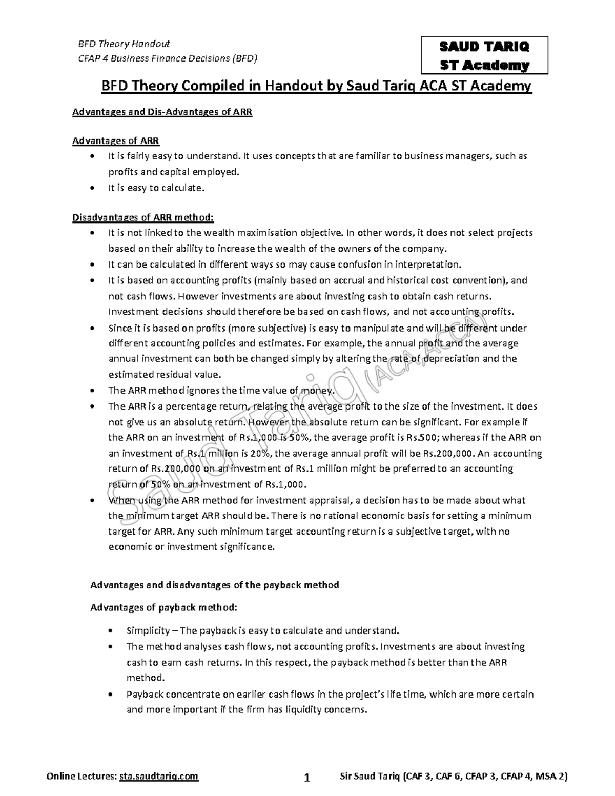 BFD Theory Handout: Key Concepts in Business Finance Decisions (CFAP 4 ...