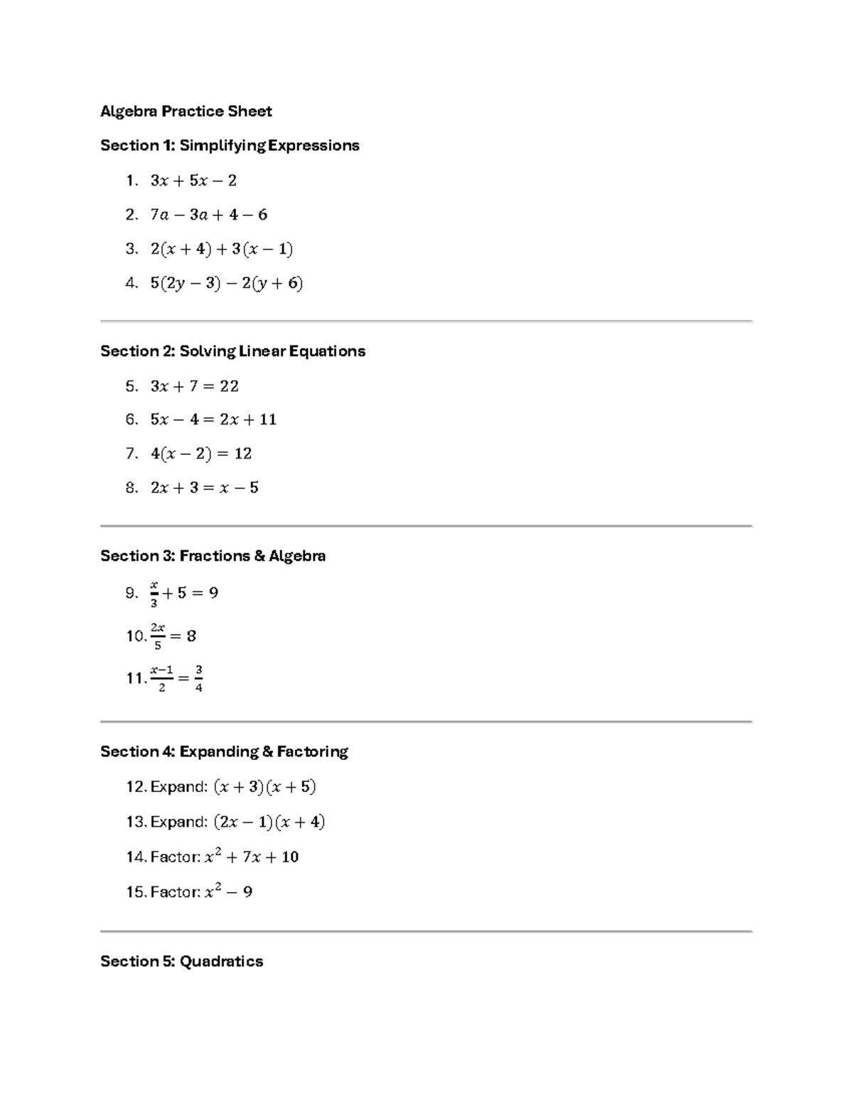 Algebra Practice Sheet: Simplifying Expressions & More - Studocu
