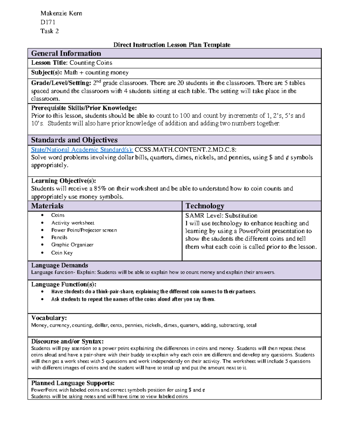 Counting Coins Lesson Plan for 2nd Grade Math - Studocu
