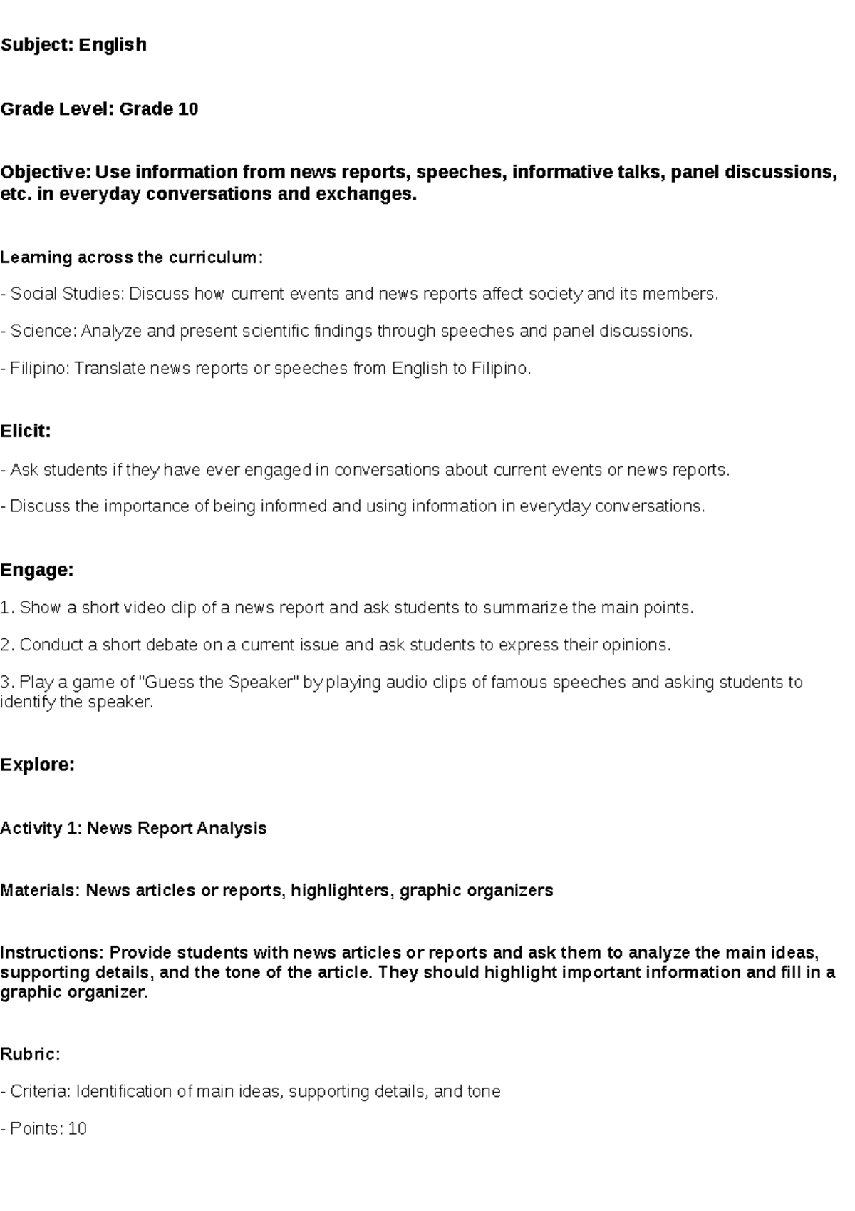Grade 10 English Lesson Plan: Engaging with Current Events - Studocu