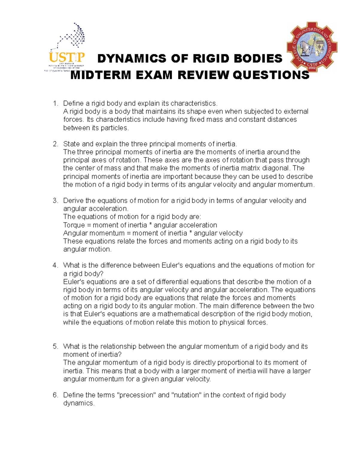 DYNAMICS OF RIGID BODIES: MIDTERM EXAM REVIEW QUESTIONS - Studocu