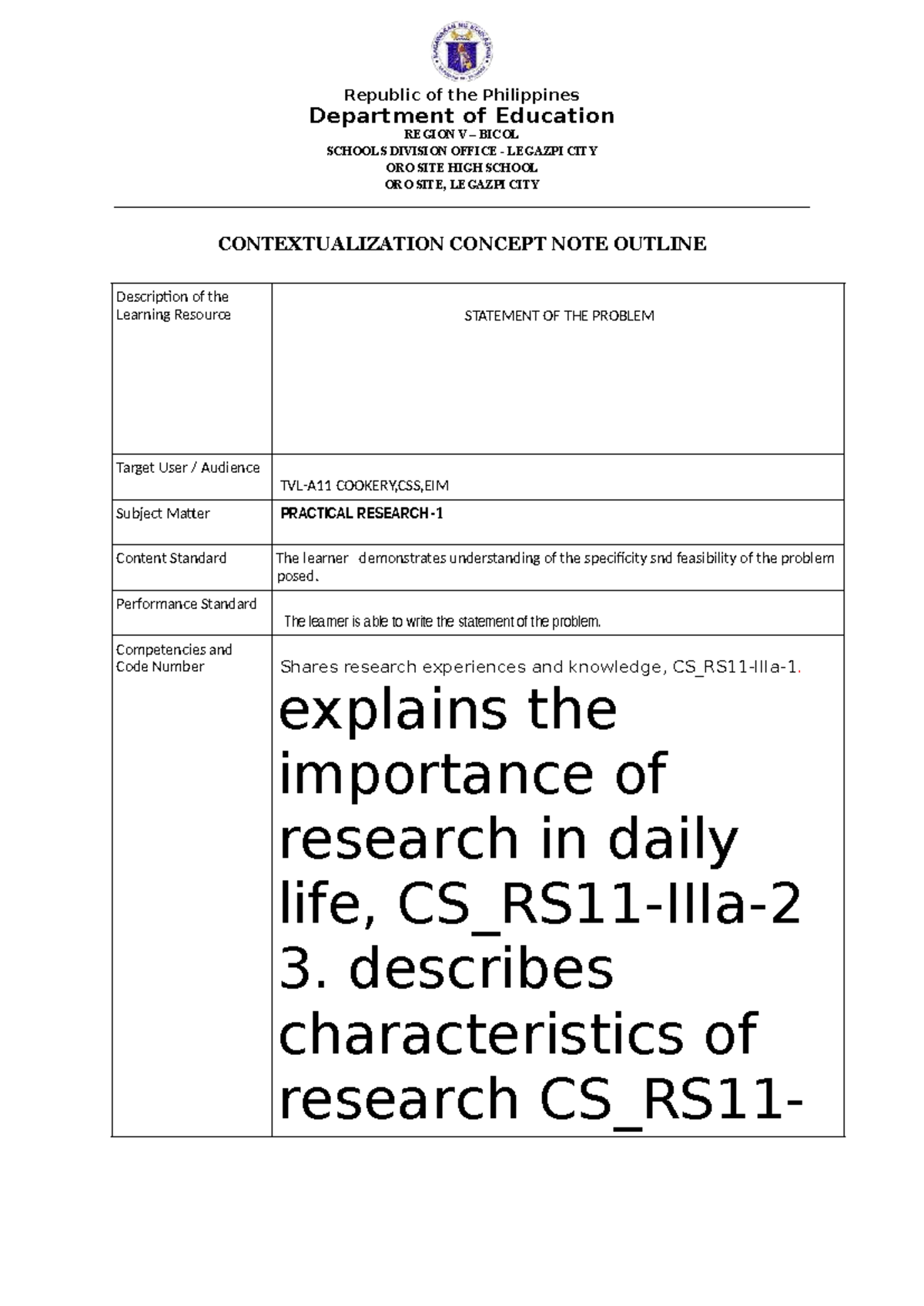 Contextualization Concept Note Outline in Practical Research-I - Studocu